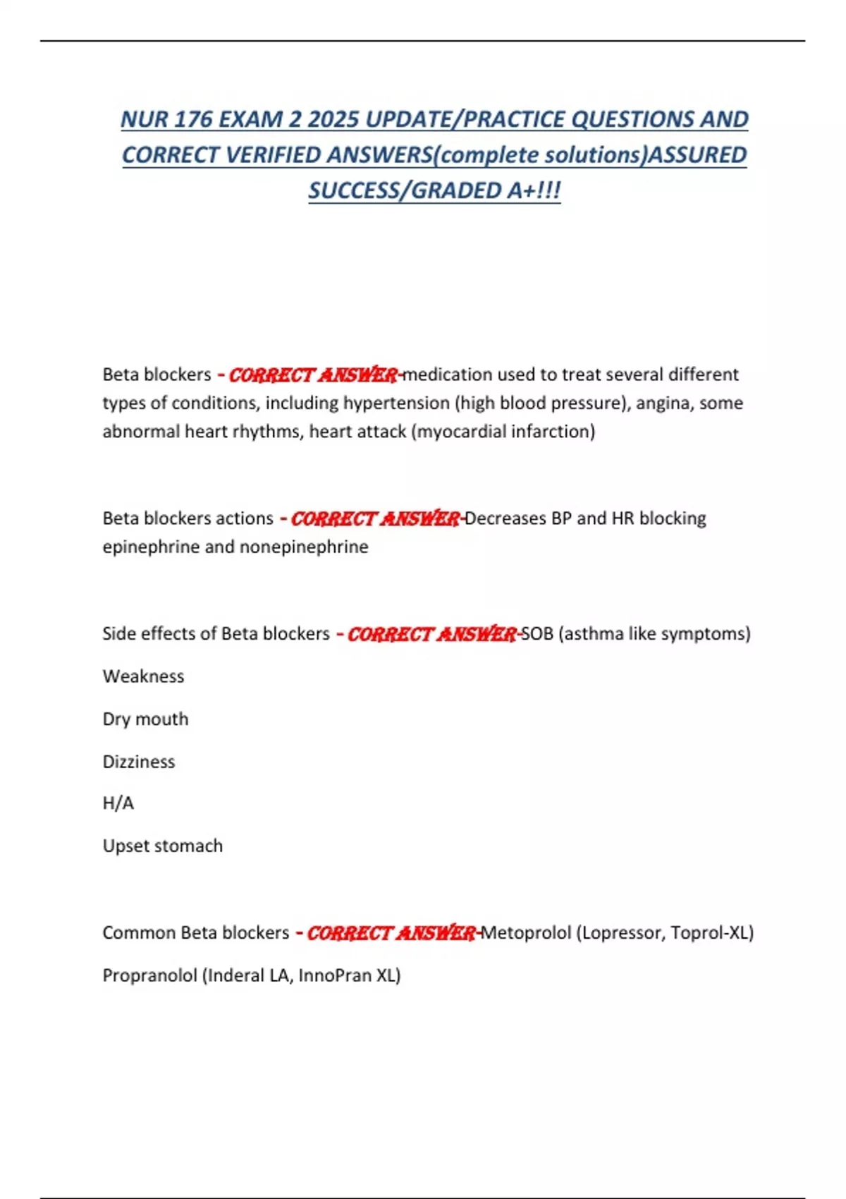 NUR 176 EXAM 2 2025 UPDATE/PRACTICE QUESTIONS AND CORRECT VERIFIED ANSWERS(complete solutions ...