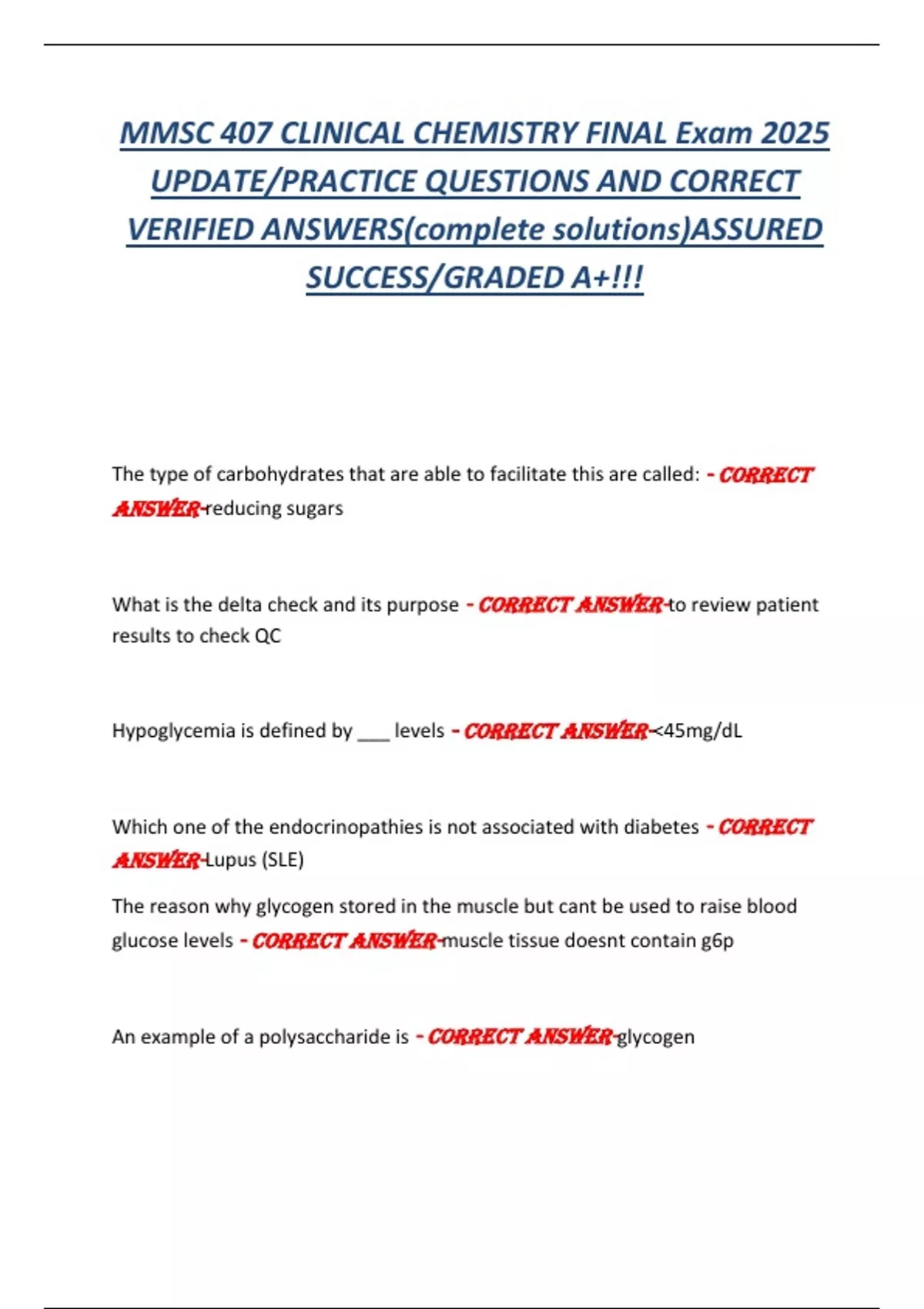 MMSC 407 CLINICAL CHEMISTRY FINAL Exam 2025 UPDATE/PRACTICE QUESTIONS ...