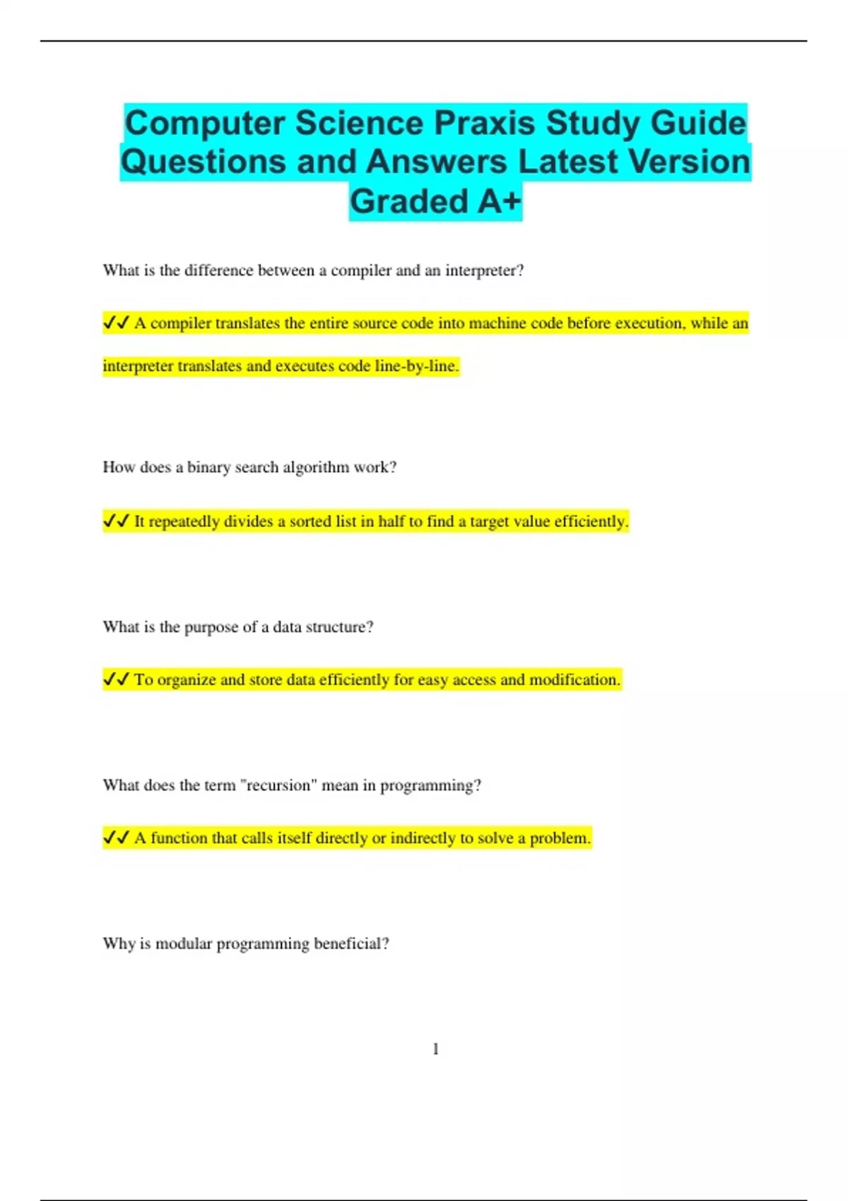 Praxis Computer Sciences 5652 Bundled Exams Questions and Answers ...