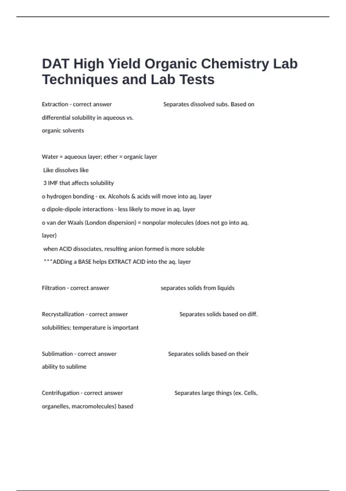 DAT High Yield Organic Chemistry Lab Techniques and Lab Tests Questions ...
