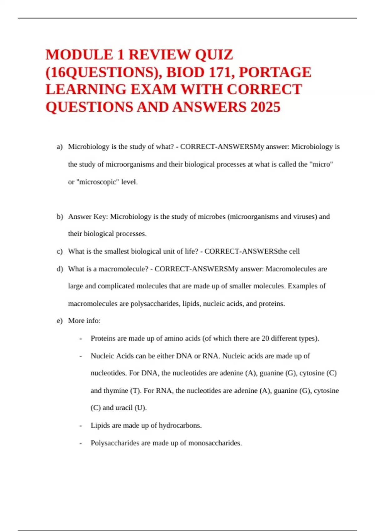 MODULE 1 REVIEW QUIZ (16QUESTIONS), BIOD 171, PORTAGE LEARNING EXAM ...