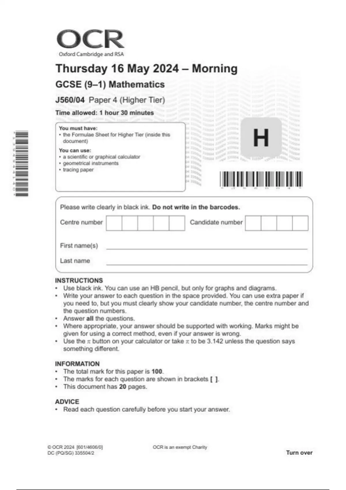 OCR GCSE (9–1) Mathematics J560/04 Paper 4 (Higher Tier) question paper ...