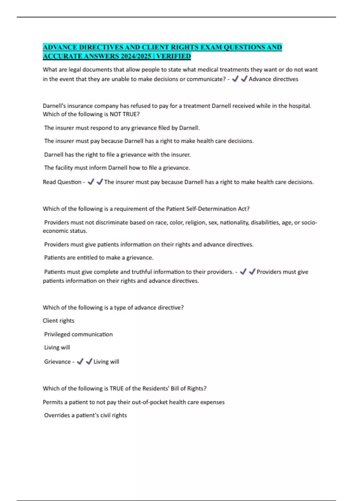 ADVANCE DIRECTIVES AND CLIENT RIGHTS Exam Questions and Correct Answers ...