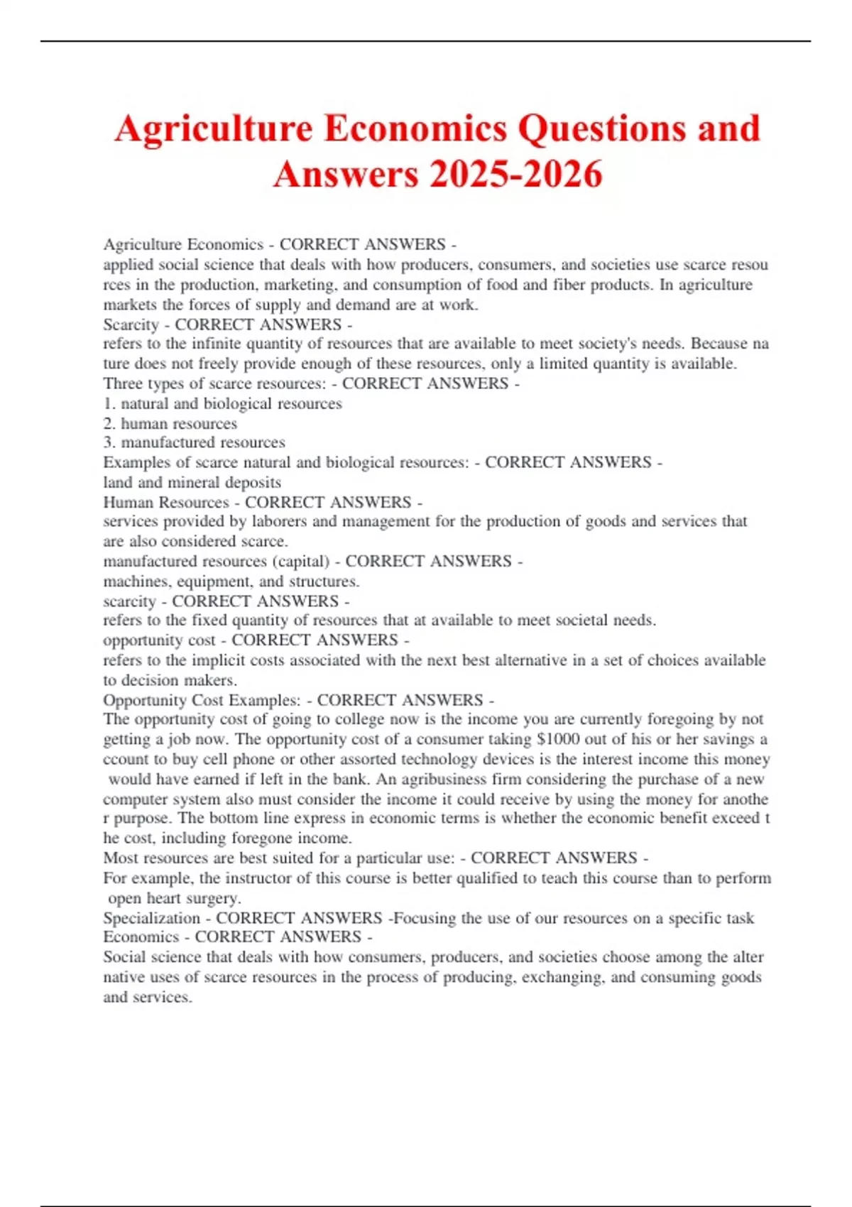 Agriculture Economics Questions and Answers - Agriculture - Stuvia US