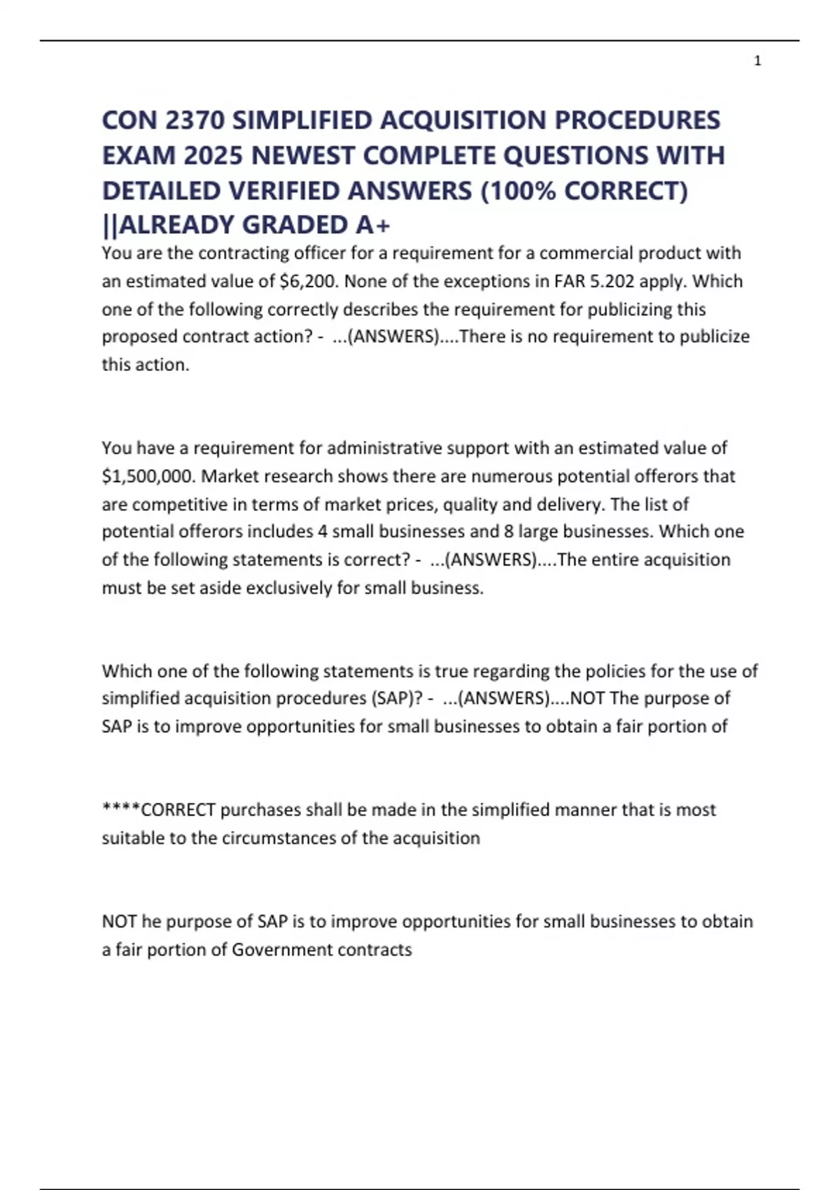 CON 2370 SIMPLIFIED ACQUISITION PROCEDURES EXAM 2025 NEWEST COMPLETE ...