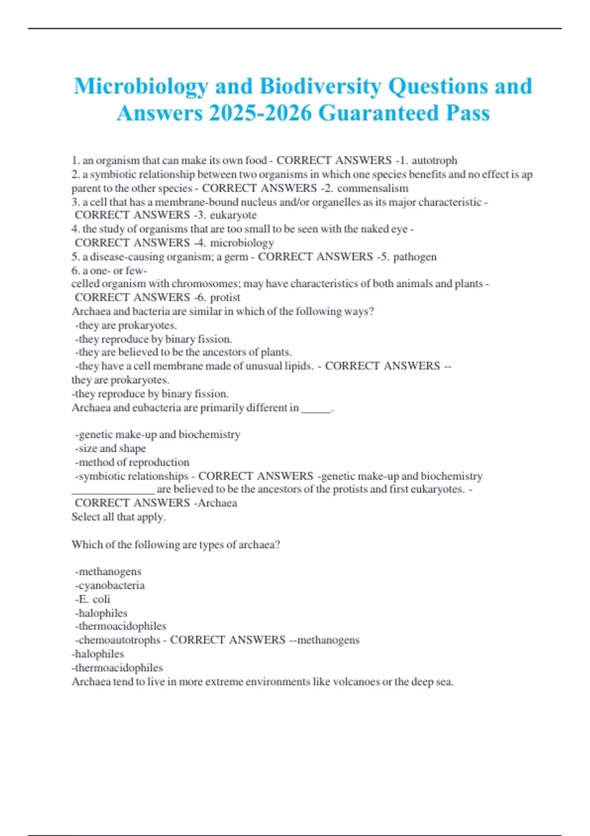 Microbiology and Biodiversity Questions and Answers Guaranteed Pass ...