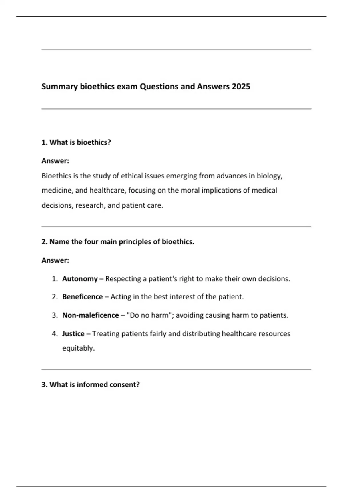 Summary bioethics exam Questions and Answers 2025 - Summary bioethics - Stuvia US
