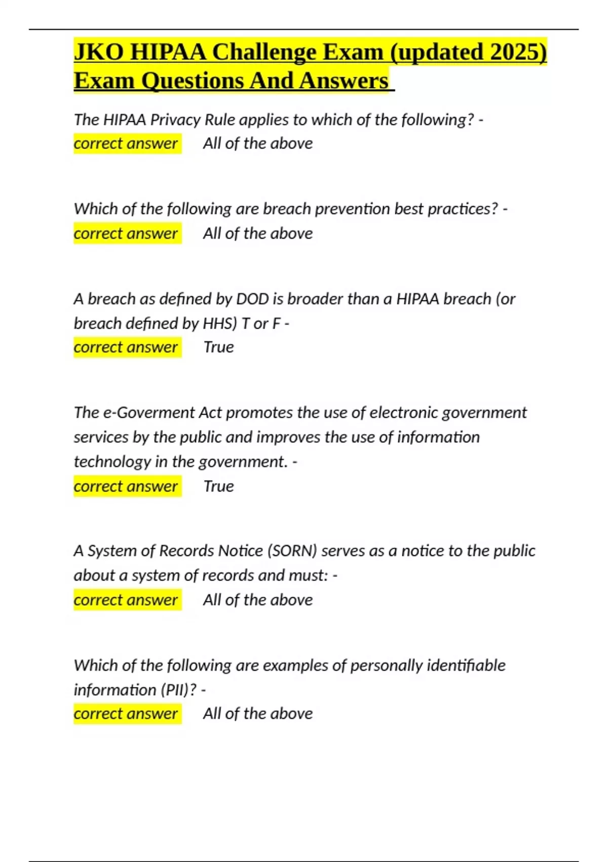 JKO HIPAA Challenge Exam (updated 2025) Exam Questions And Answers.docx ...