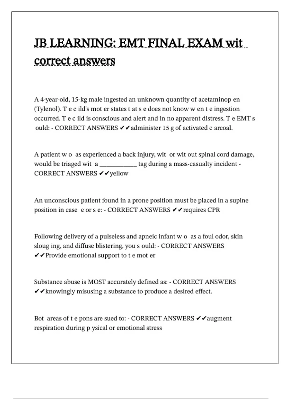 JB LEARNING EMT FINAL EXAM with correct answers - Jb learning emt ...