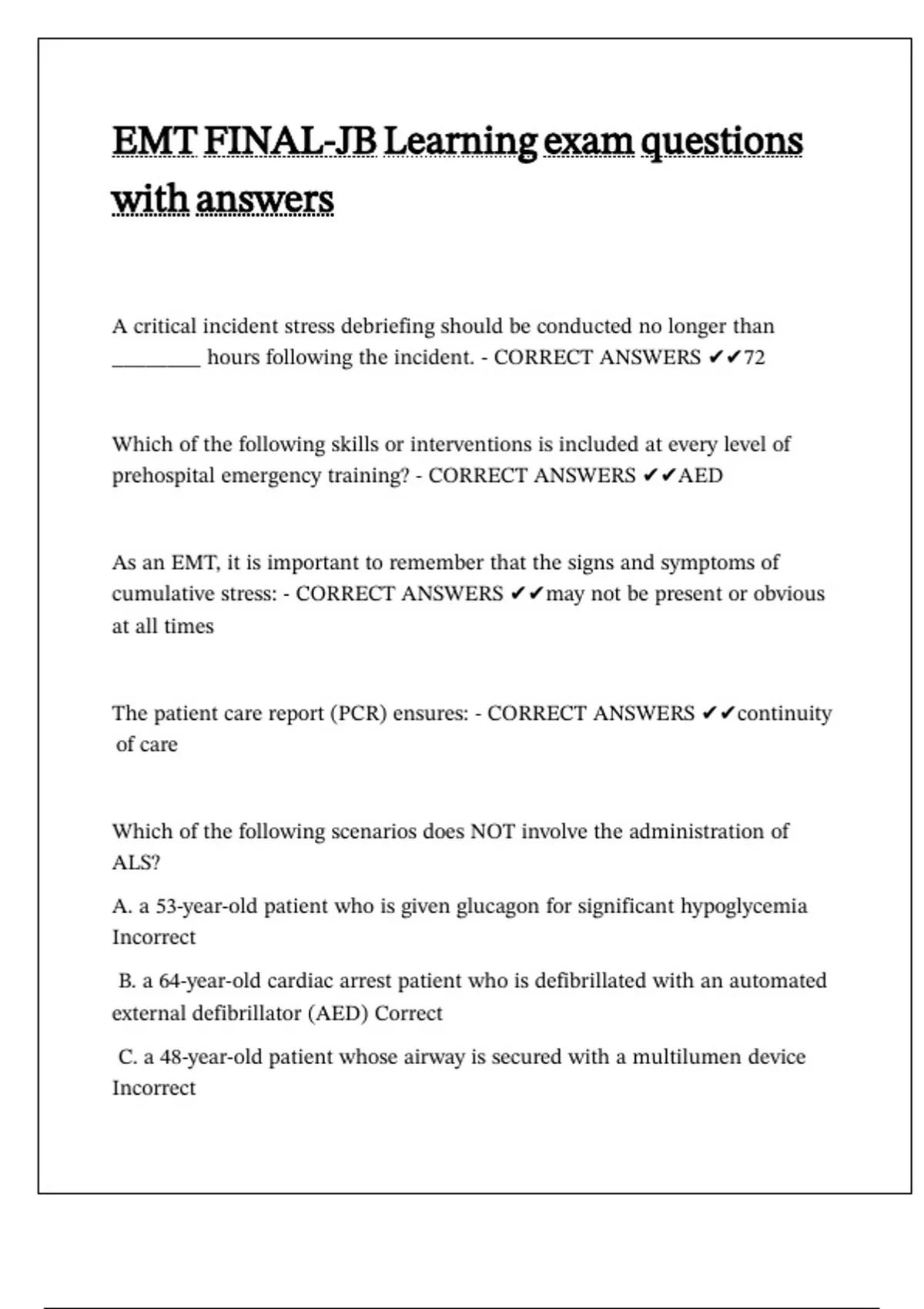 EMT FINAL-JB Learning exam questions with answers - Jb learning emt ...