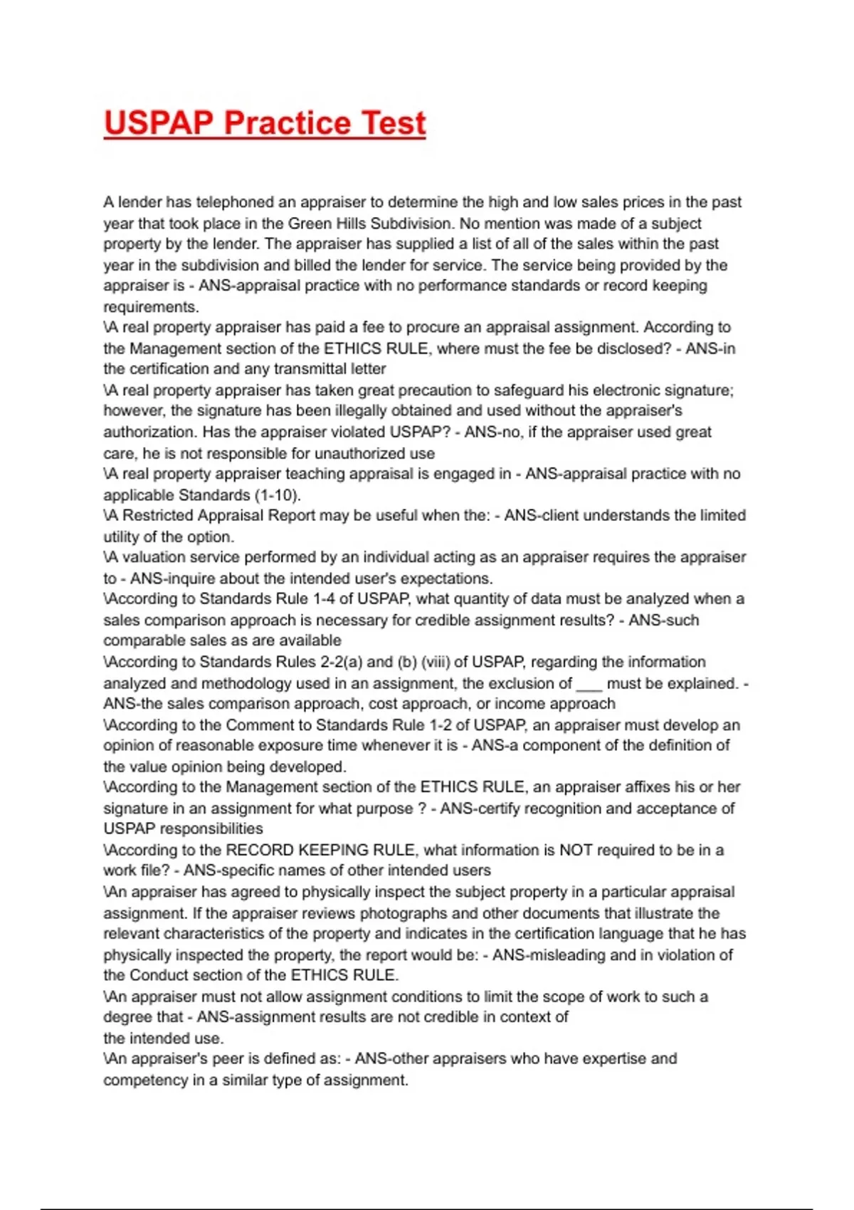 USPAP Practice Test Exam 2025/2026 Questions With Completed Solutions ...