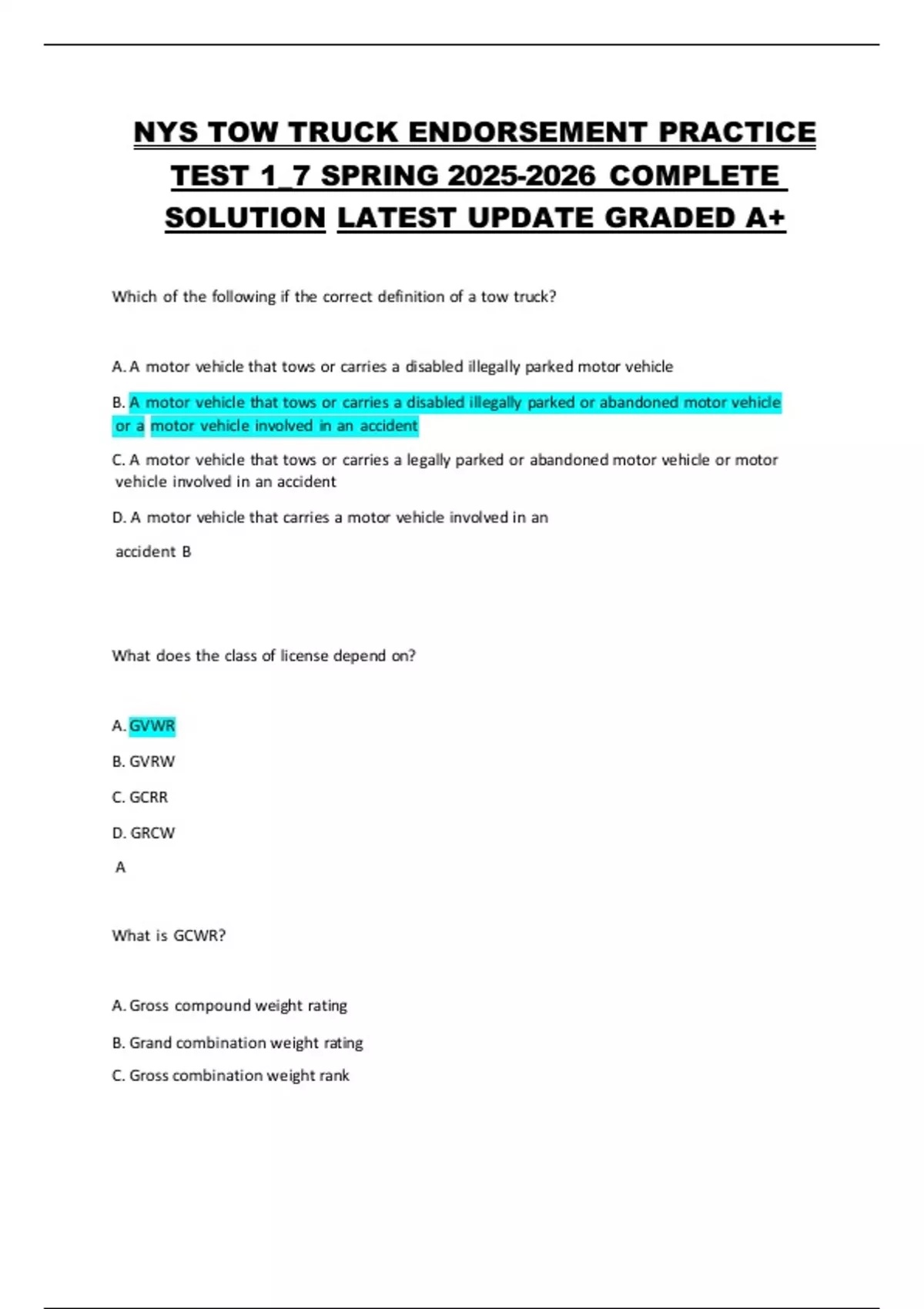 NYS TOW TRUCK ENDORSEMENT PRACTICE TEST 1-7 SPRING COMPLETE SOLUTION ...