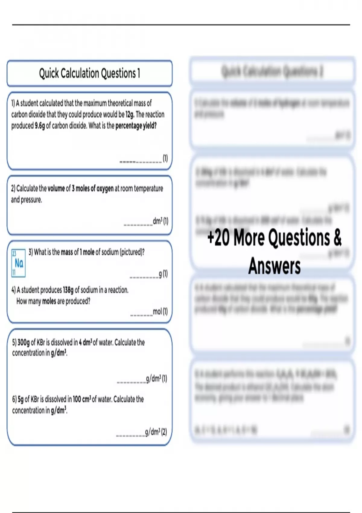 Chemistry Quick Calculation Worksheets (GCSE Chemistry) - Moles, Rates ...