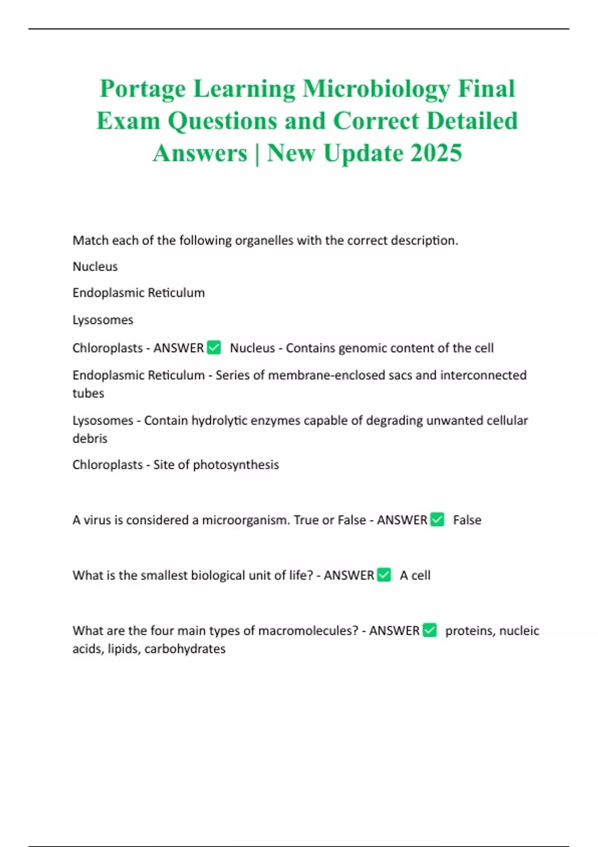 Portage Learning Microbiology Final Exam Questions and Correct Detailed ...