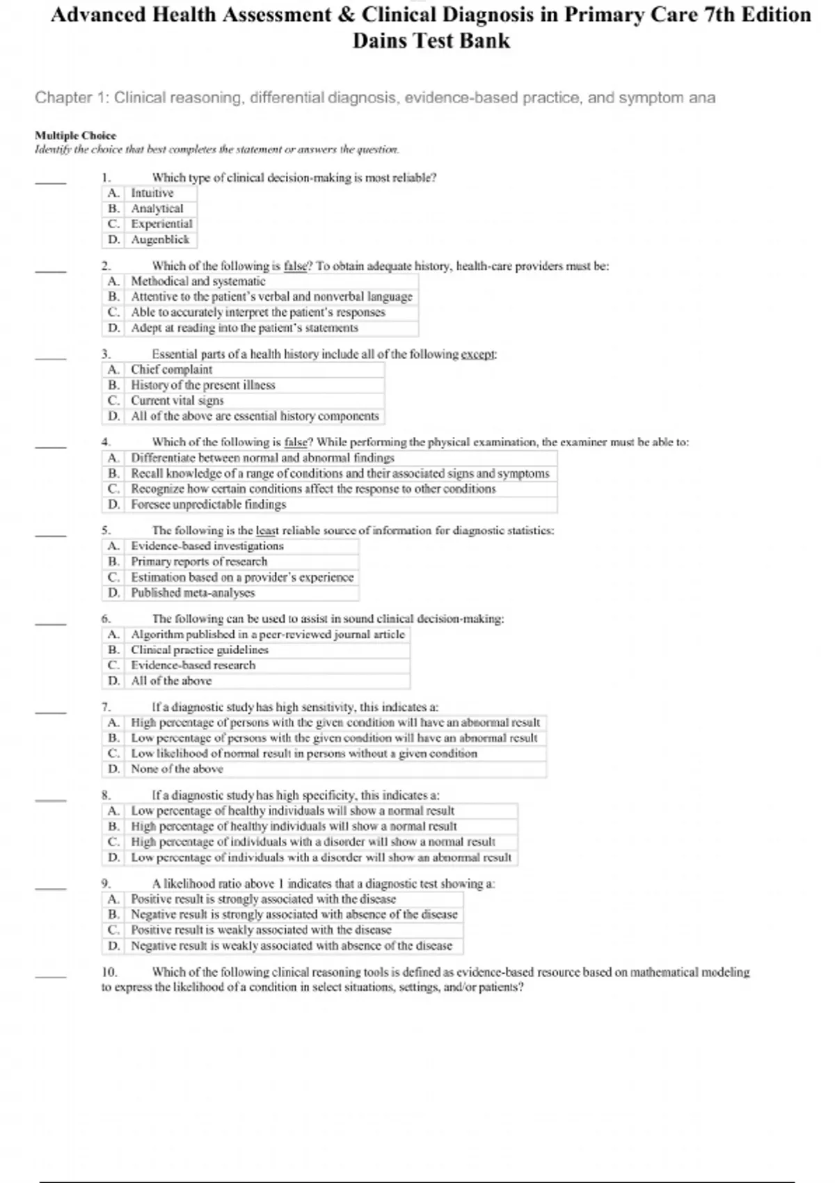 Test Bank for Advanced Health Assessment & Clinical Diagnosis in ...