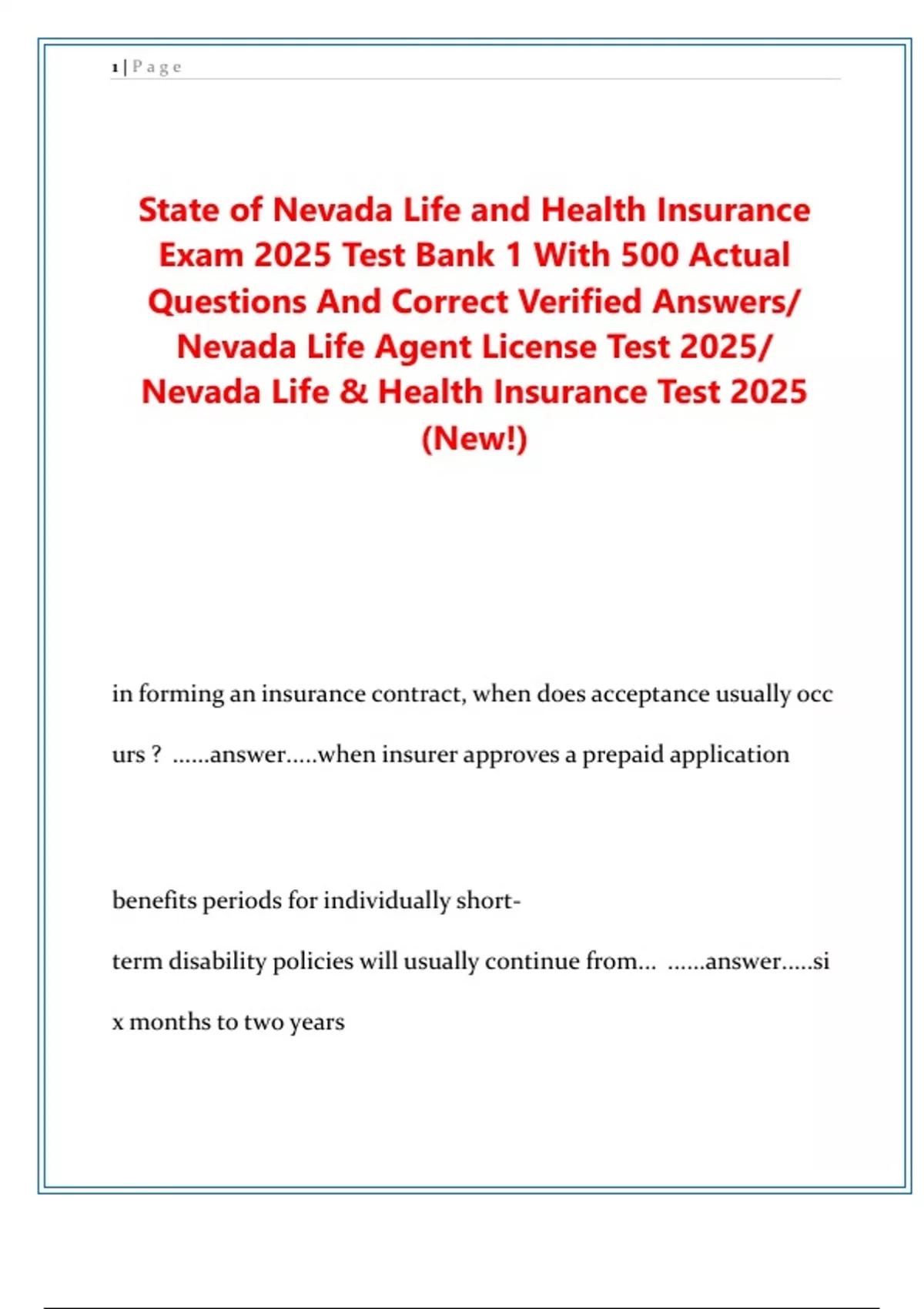 State of Nevada Life and Health Insurance Exam 2025 Test Bank 1 With ...
