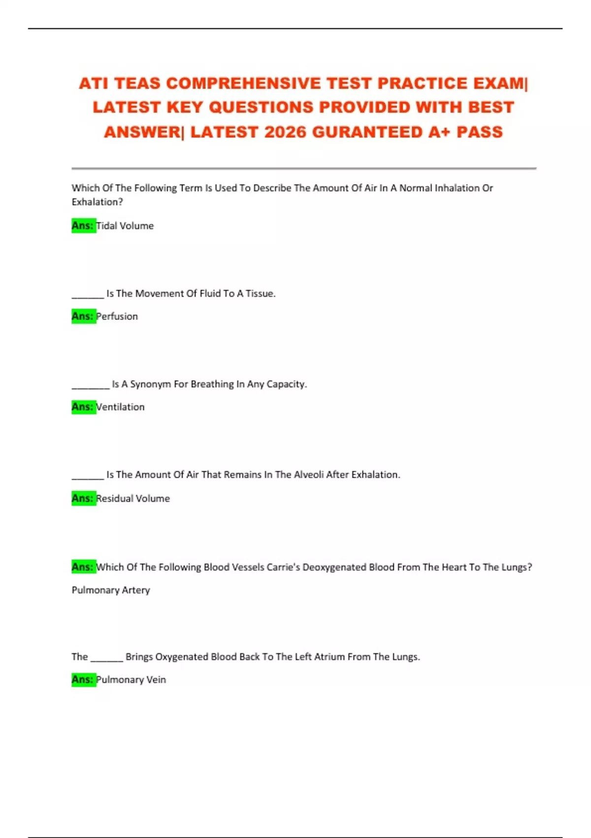 ATI TEAS COMPREHENSIVE TEST PRACTICE EXAM| LATEST KEY QUESTIONS ...