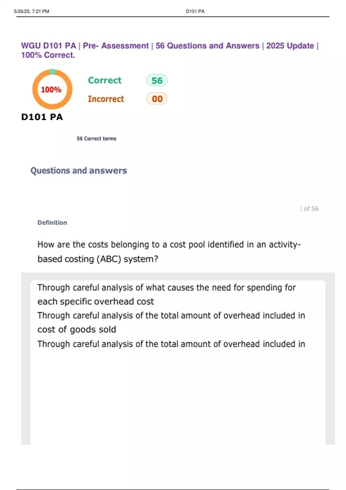WGU D101 PA | Pre- Assessment | 56 Questions and Answers | 2025 Update ...