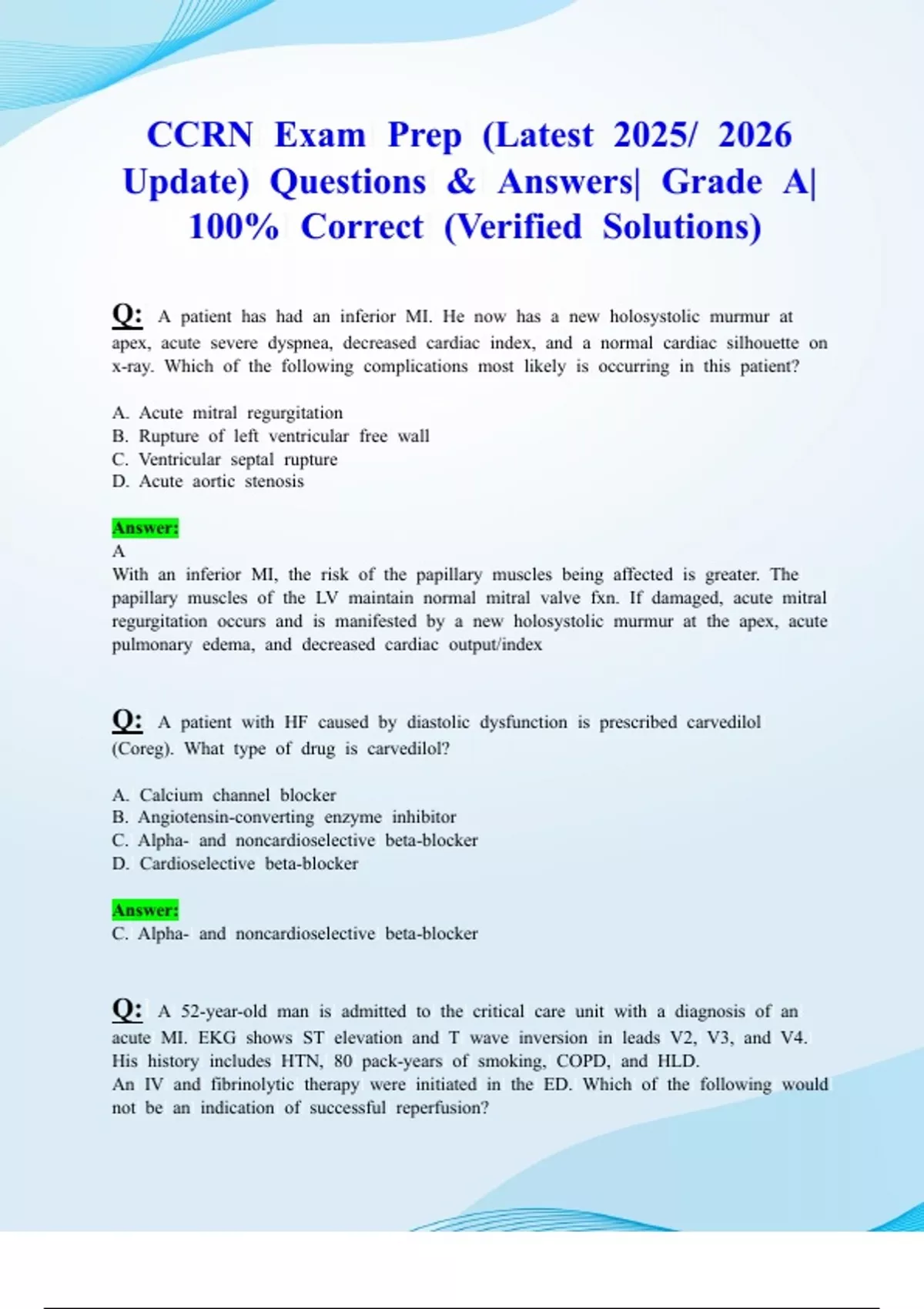 CCRN Exam Prep (Latest 2025/ 2026 Update) Questions & Answers| Grade A ...