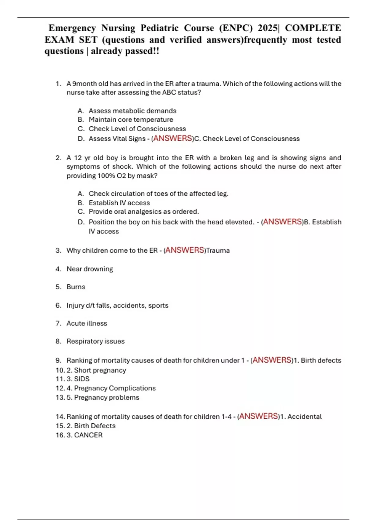 Emergency Nursing Pediatric Course (ENPC) 2025| COMPLETE EXAM SET ...