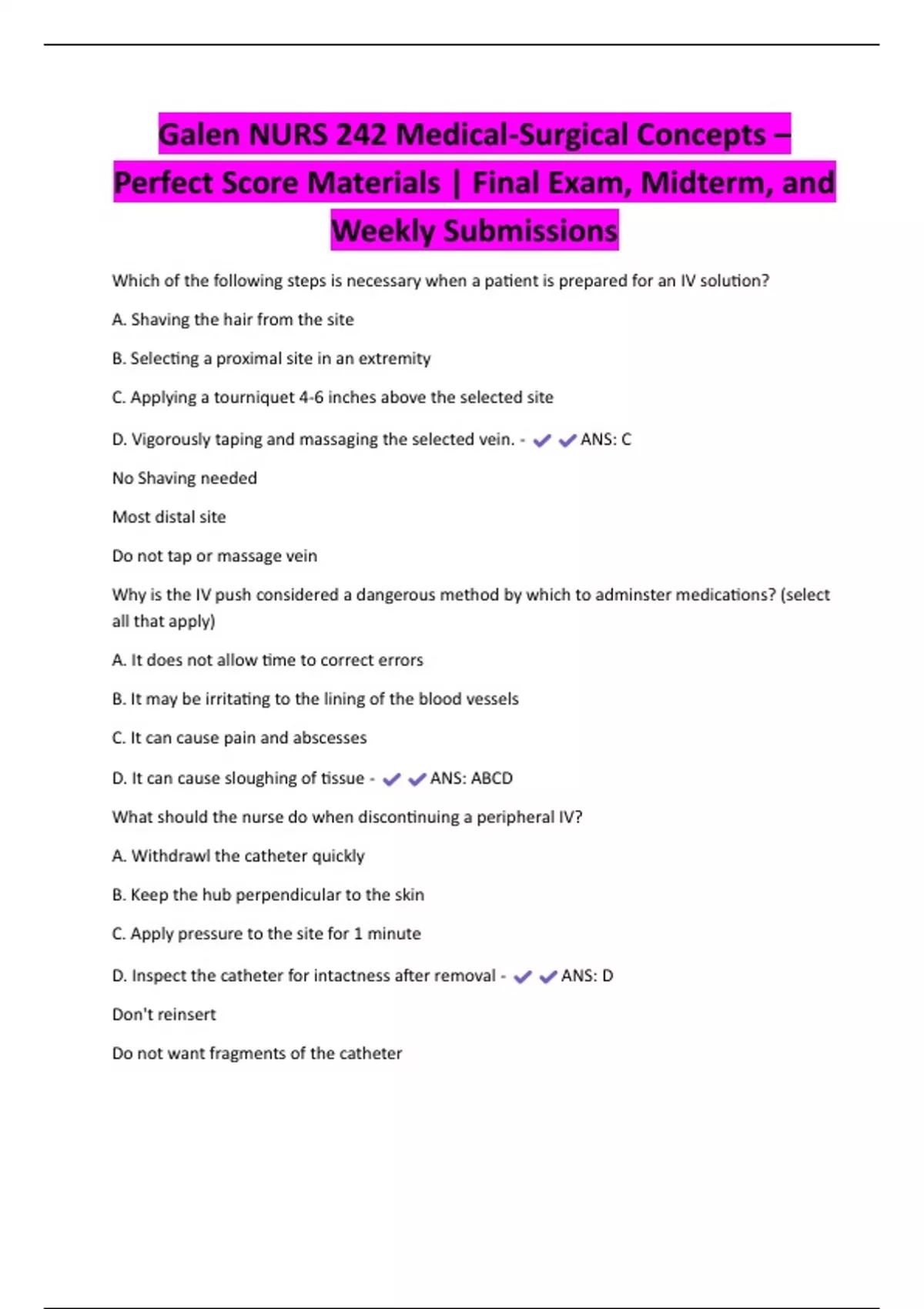 Galen NURS 242 Medical-Surgical Concepts – Perfect Score Materials ...