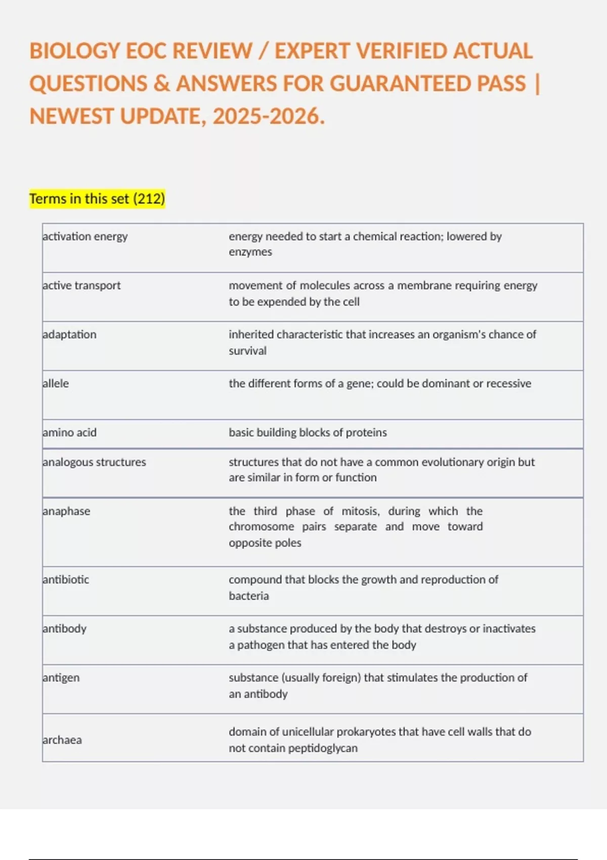 BIOLOGY EOC REVIEW / EXPERT VERIFIED ACTUAL QUESTIONS & ANSWERS FOR ...