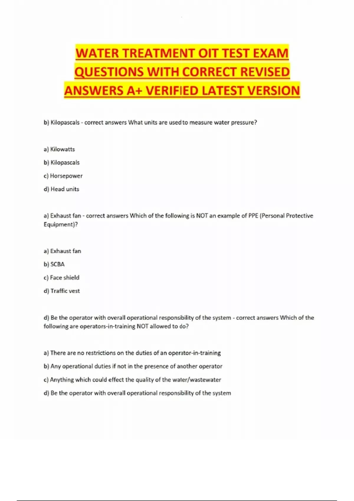 WATER TREATMENT OIT TEST EXAM QUESTIONS WITH CORRECT REVISED ANSWERS A+ ...