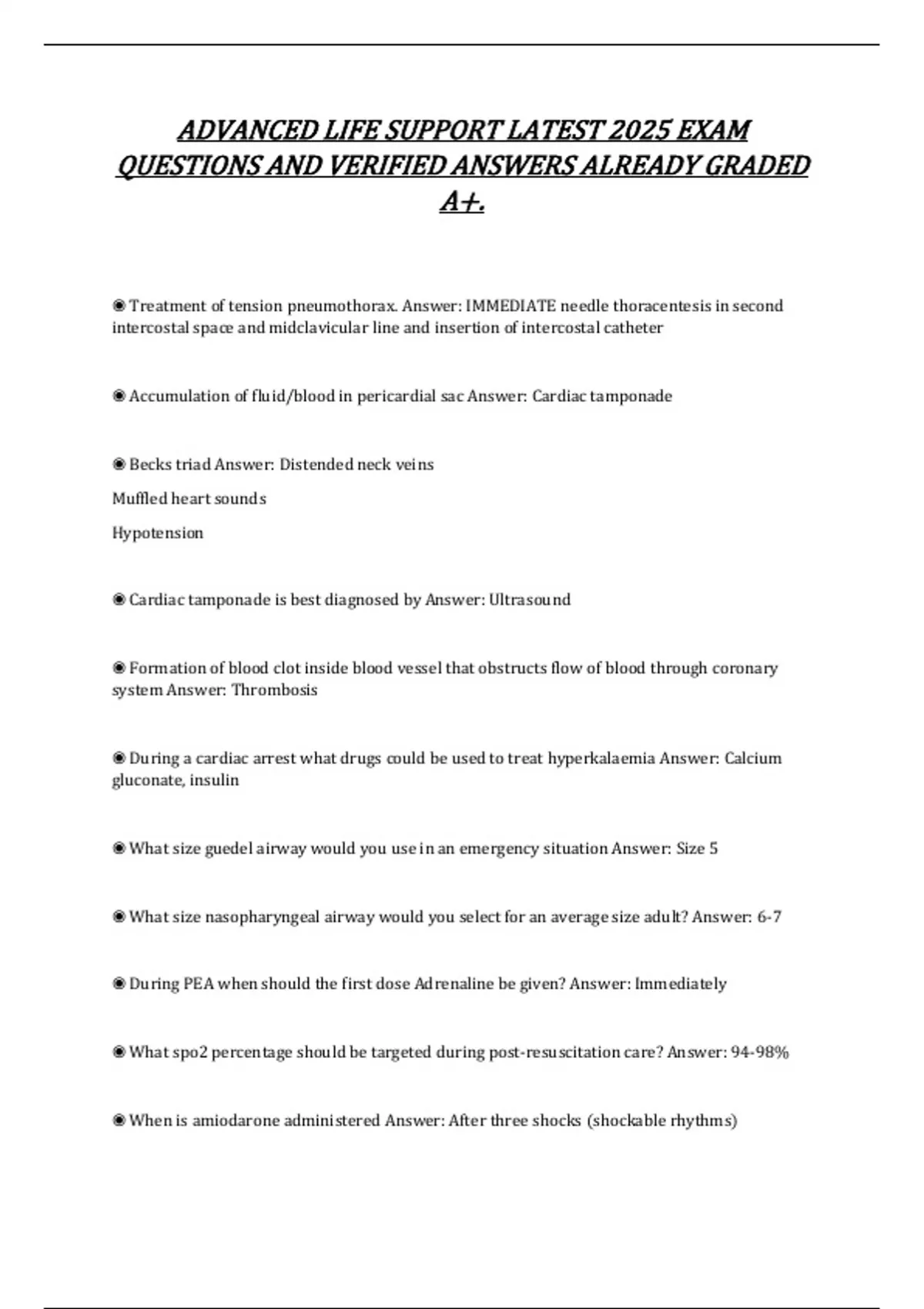 ADVANCED LIFE SUPPORT LATEST 2025 EXAM QUESTIONS AND VERIFIED ANSWERS ...