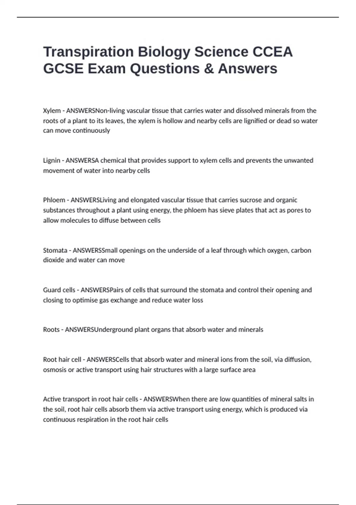 Transpiration Biology Science CCEA GCSE Exam Questions & Answers ...