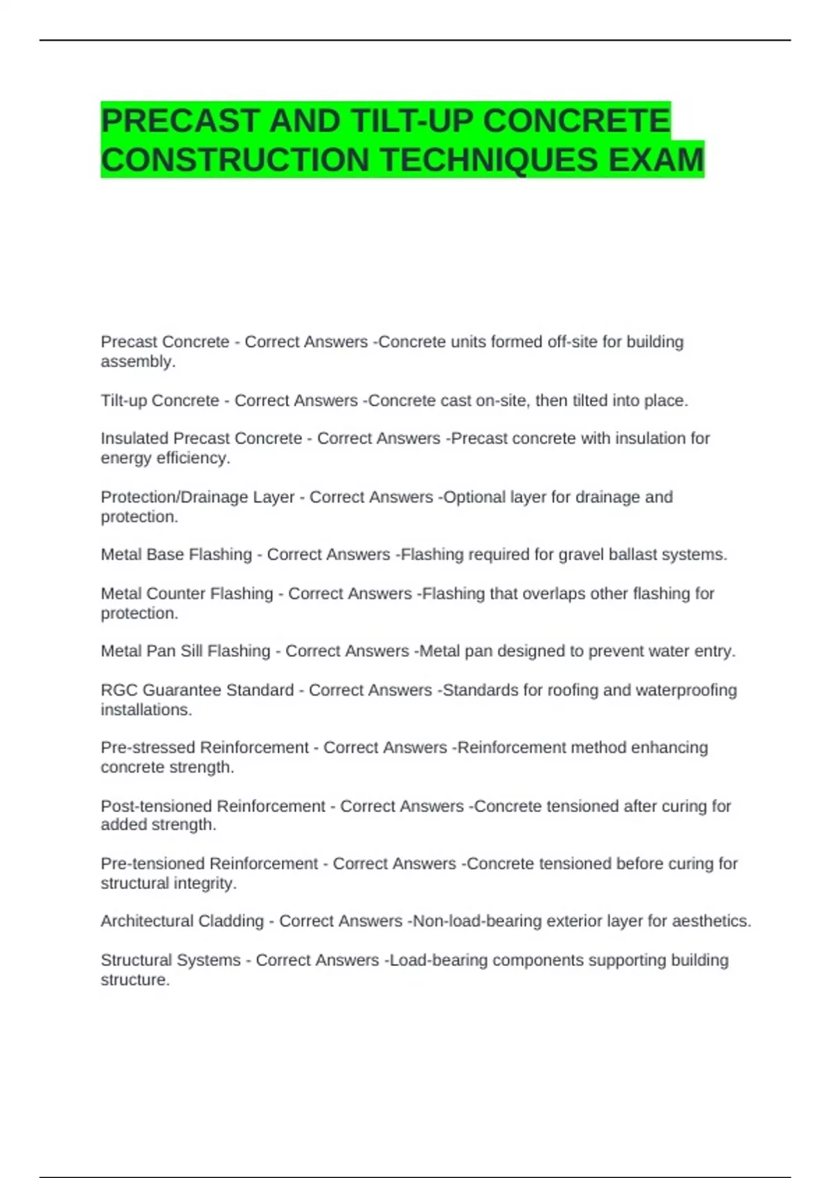 PRECAST AND TILT-UP CONCRETE CONSTRUCTION TECHNIQUES EXAM QUESTIONS AND ...