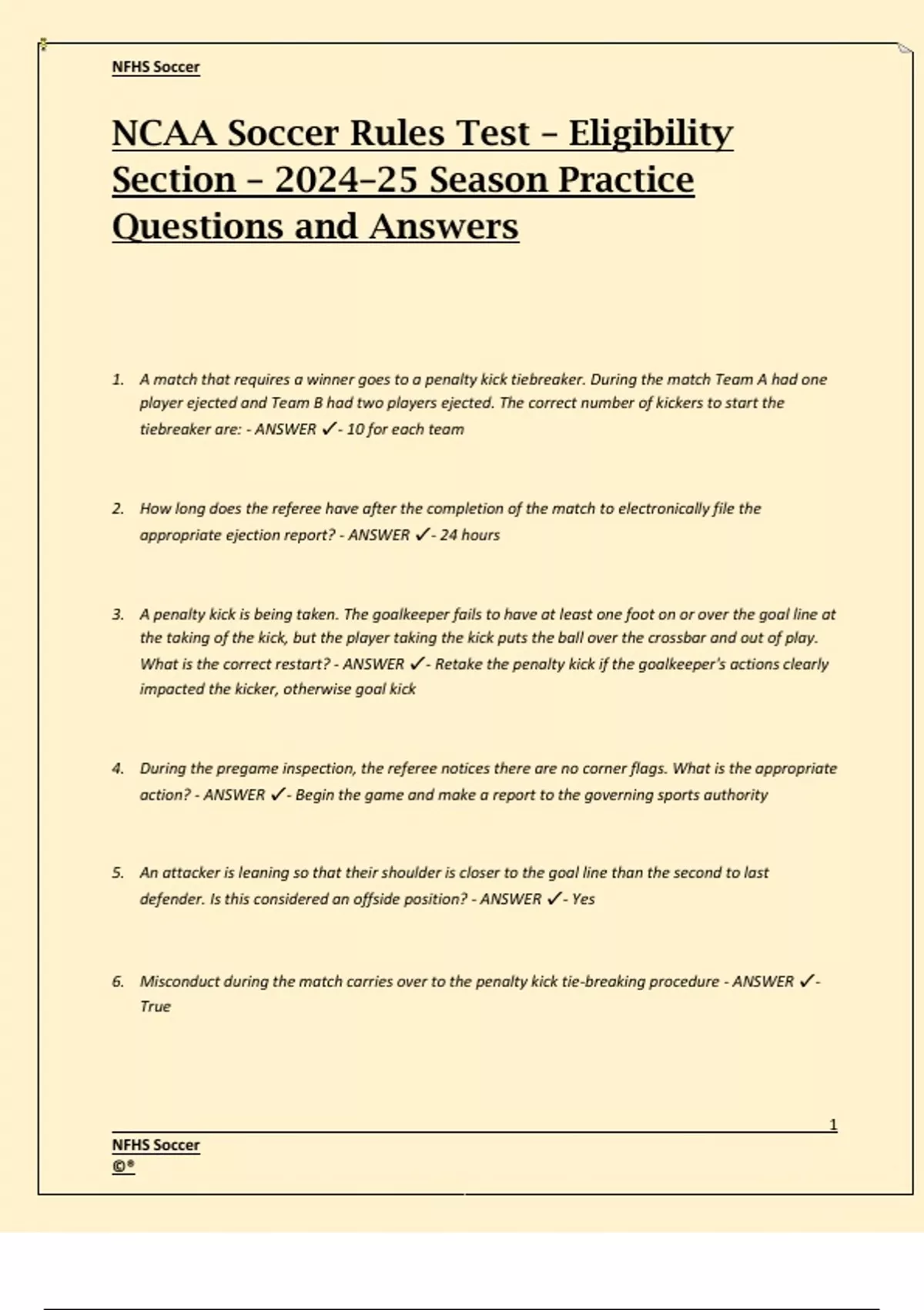 NCAA Soccer Rules Test – Eligibility Section – 2024–25 Season Practice ...