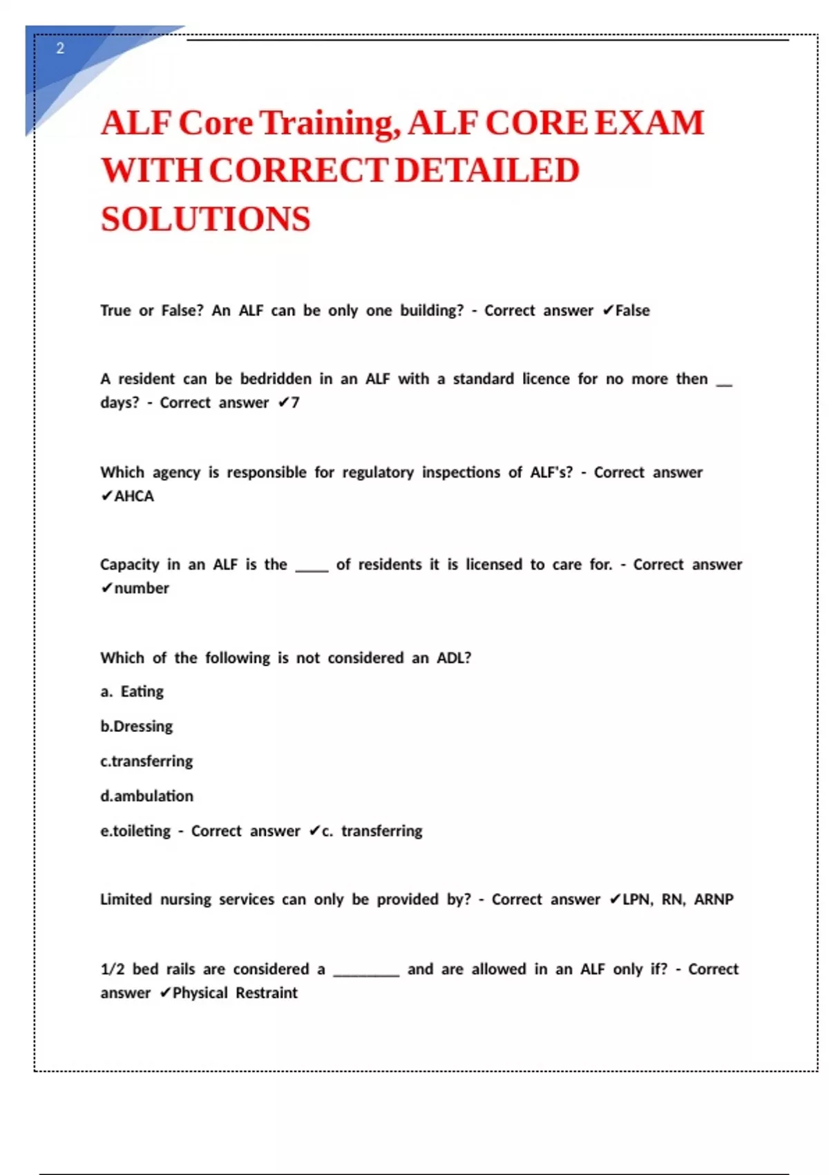 ALF Core Training, ALF CORE EXAM WITH CORRECT DETAILED SOLUTIONS - Alf ...