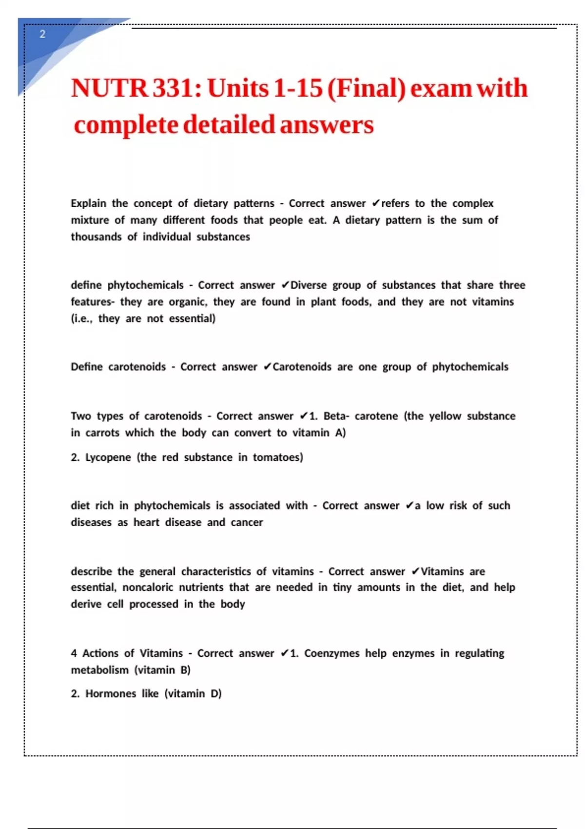 NUTR 331 Units 1-15 (Final) exam with complete detailed answers - NUTR ...