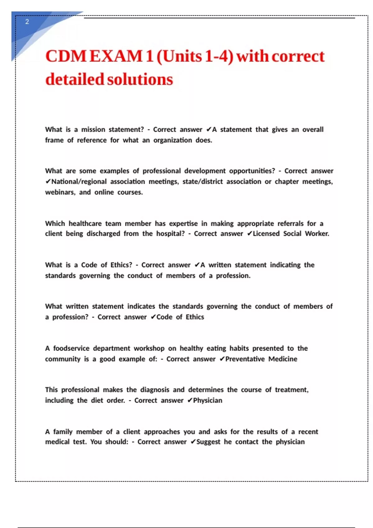 CDM EXAM 1 (Units 1-4) with correct detailed solutions - Certified Dietary Manager - Stuvia US