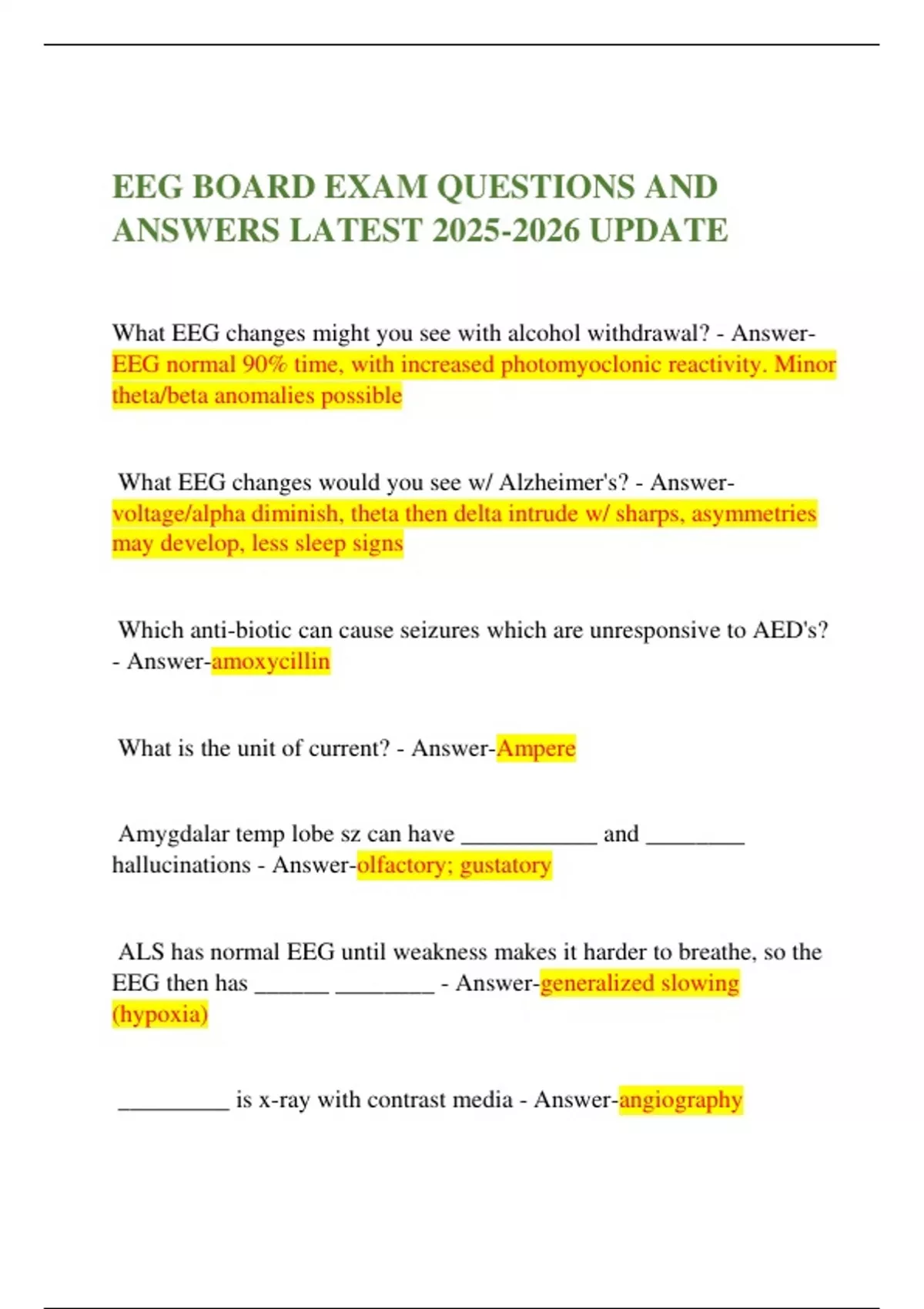 EEG BOARD EXAM QUESTIONS AND ANSWERS LATEST UPDATE - EEG BOARD - Stuvia US