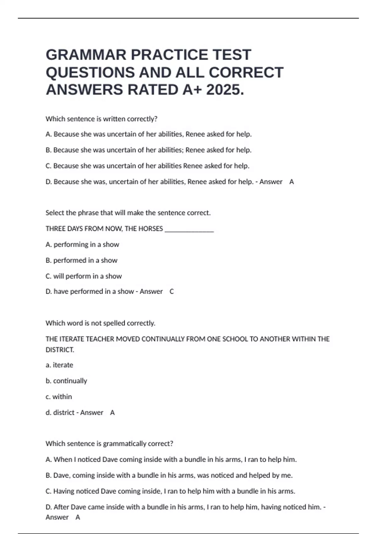 GRAMMAR PRACTICE TEST QUESTIONS AND ALL CORRECT ANSWERS RATED A+ 2025 ...