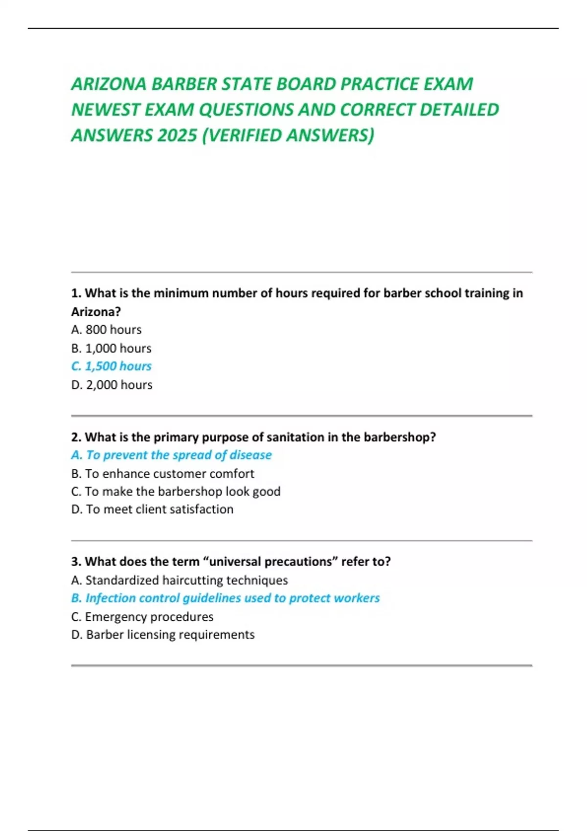 ARIZONA BARBER STATE BOARD PRACTICE EXAM NEWEST EXAM QUESTIONS AND ...