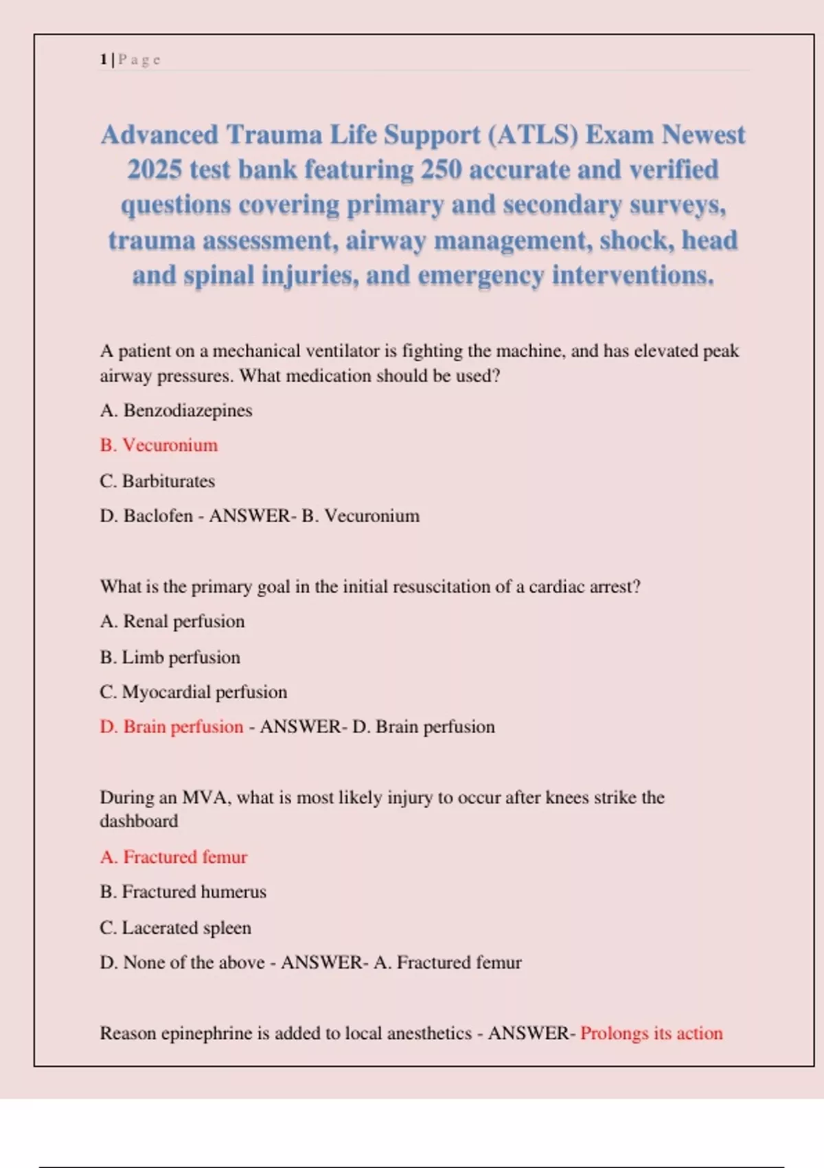 Advanced Trauma Life Support (ATLS) Exam Newest 2025 test bank ...