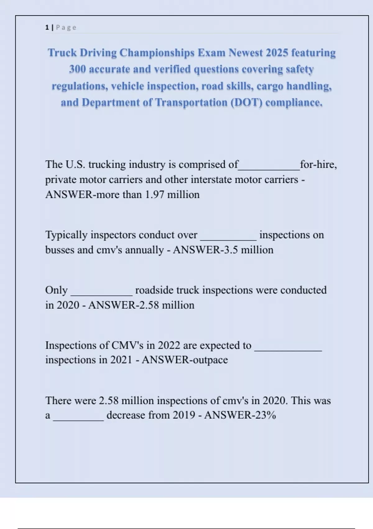 Truck Driving Championships Exam Newest 2025 featuring 300 accurate and ...