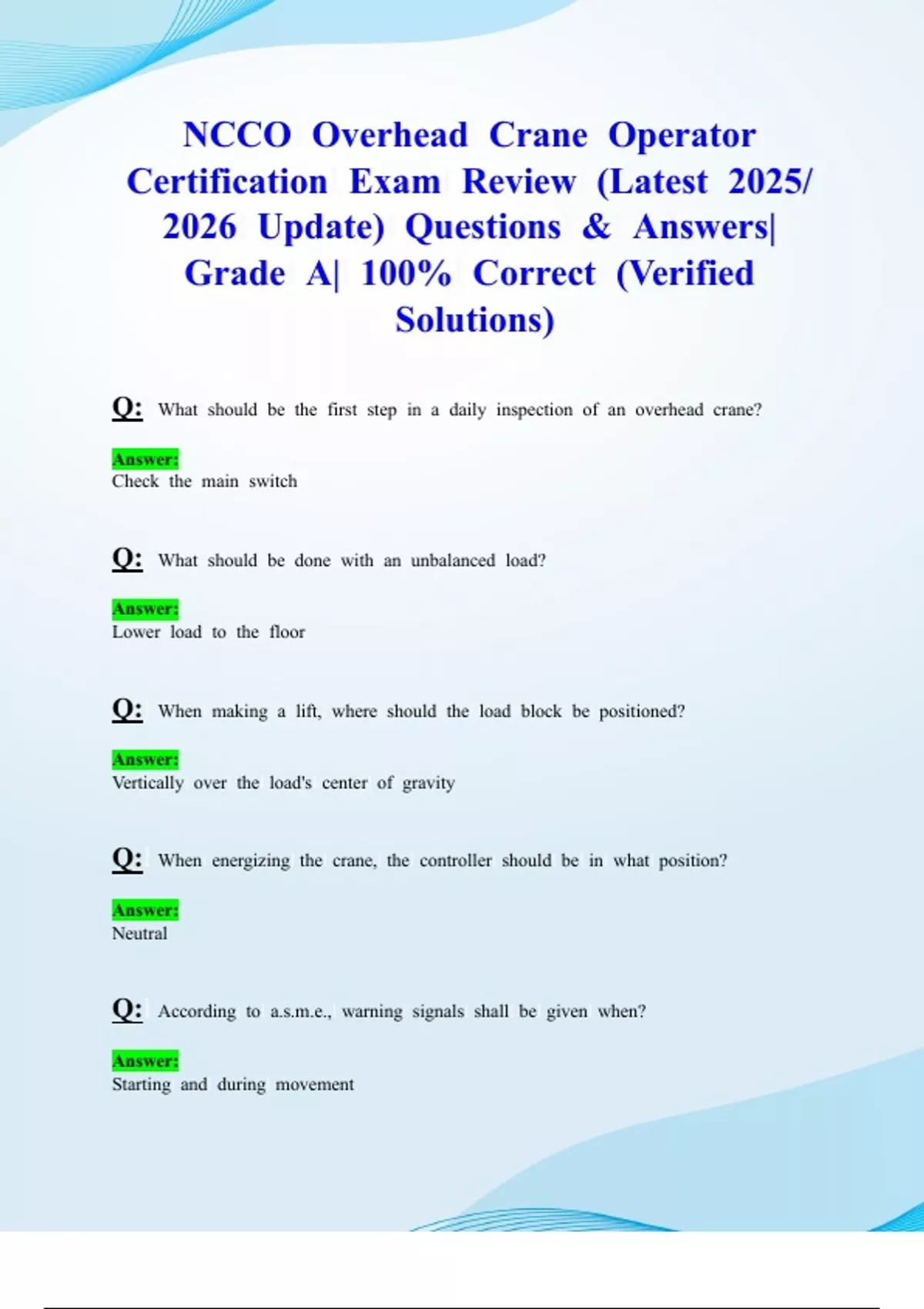 NCCCO Overhead Crane Operator Certification Exam Review (Latest 2025/ ...