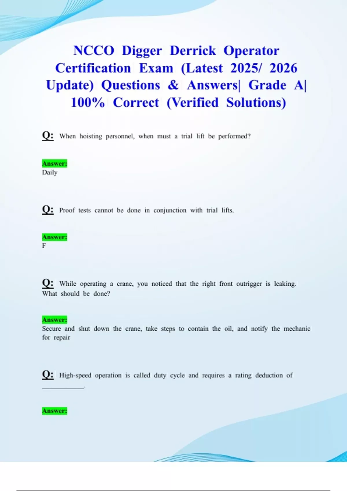 NCCCO Digger Derrick Operator Certification Exam (Latest 2025/ 2026 ...