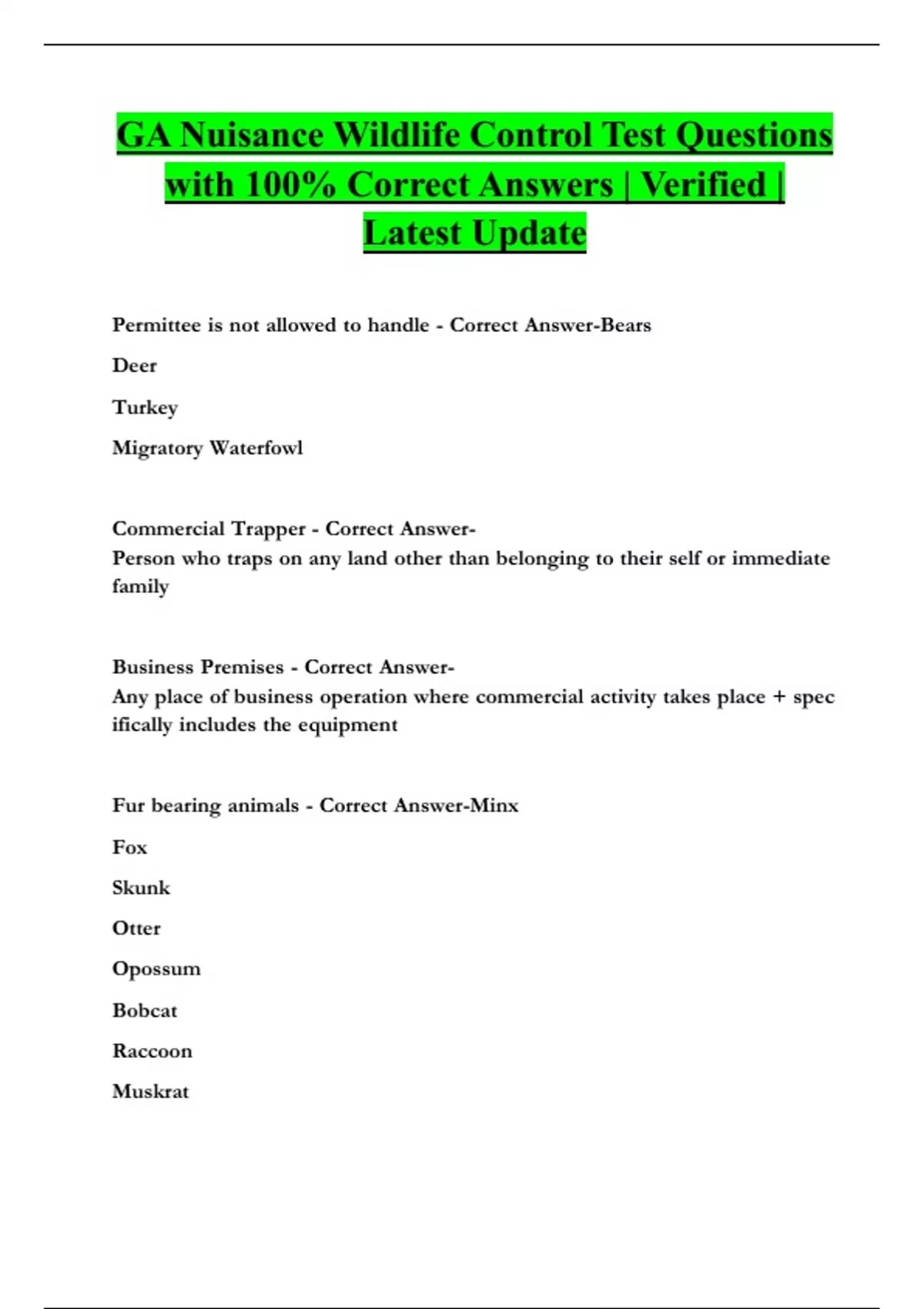 GA Nuisance Wildlife Control Test Questions with 100% Correct Answers ...