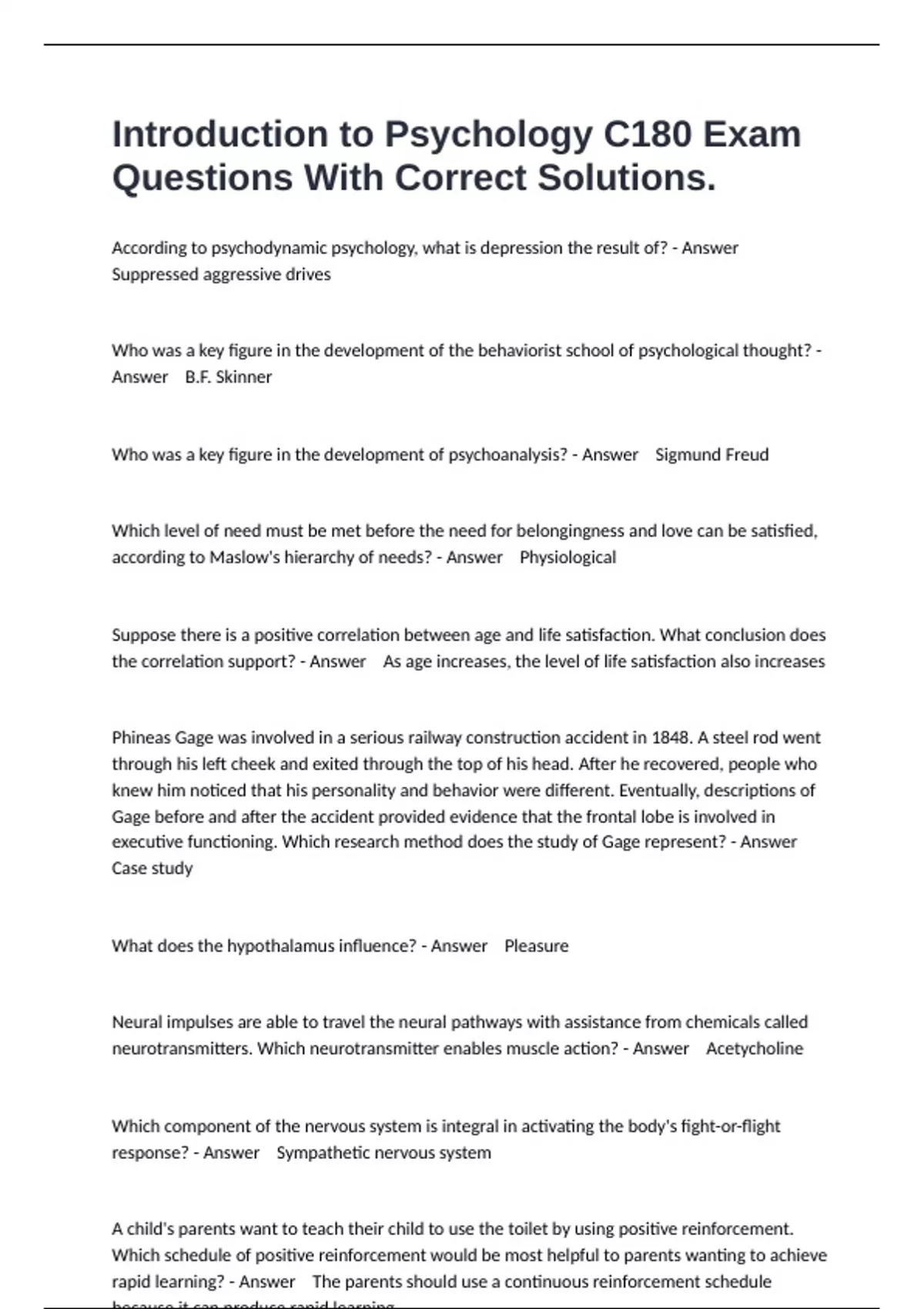 Introduction to Psychology C180 Exam Questions With Correct Solutions ...