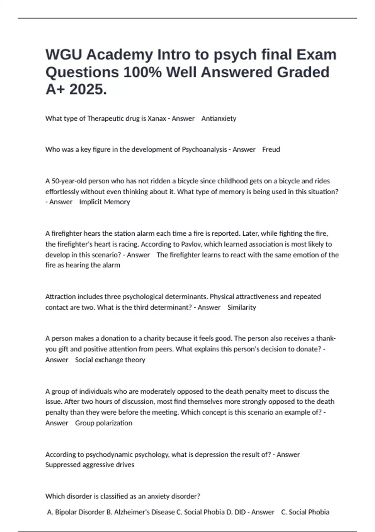 WGU Academy Intro to psych final Exam Questions 100% Well Answered Graded A+ 2025. - WGU Academy ...