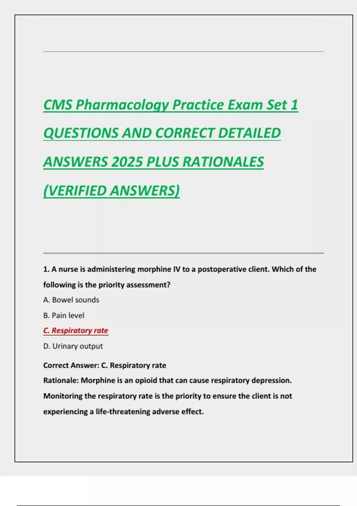 CMS Pharmacology Practice Exam Set 1 QUESTIONS AND CORRECT DETAILED ...