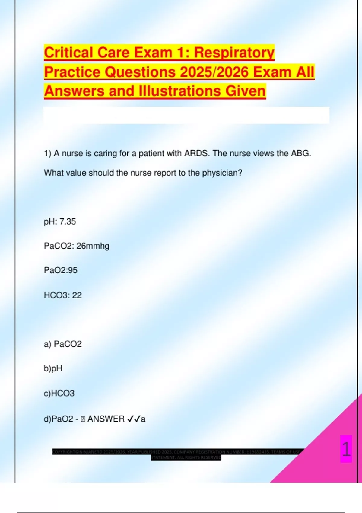 Critical Care Exam 1: Respiratory Practice Questions 2025/2026 Exam All ...