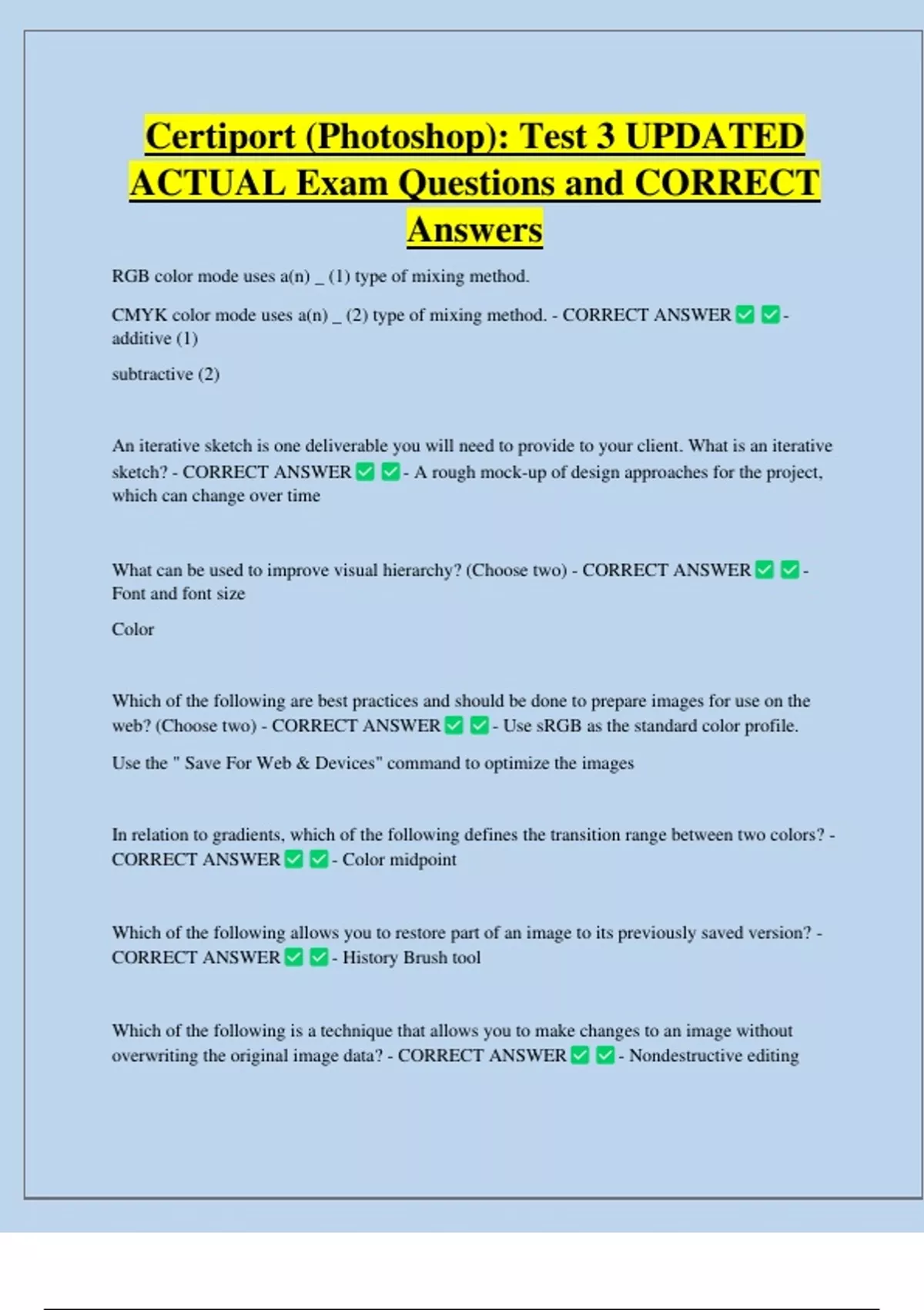 Certiport (Photoshop): Test 3 UPDATED ACTUAL Exam Questions and CORRECT ...
