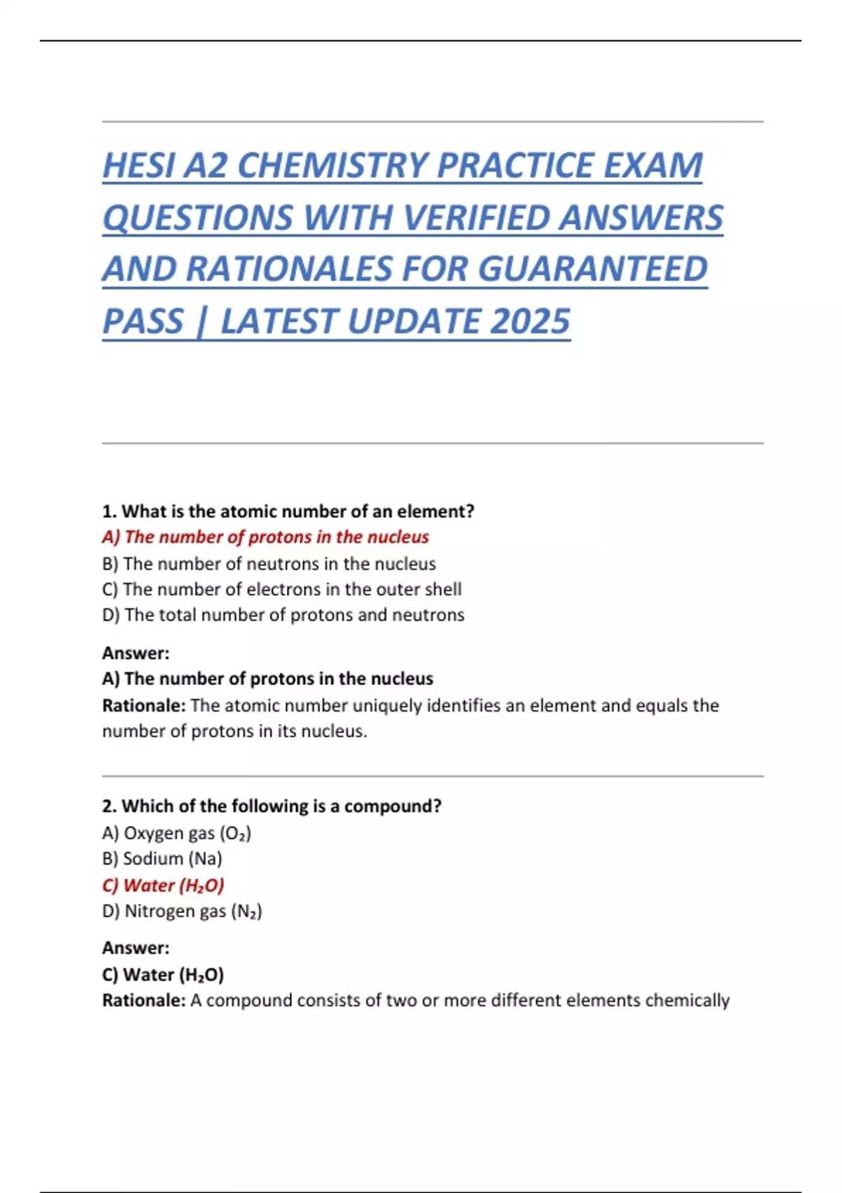 HESI A2 CHEMISTRY PRACTICE EXAM QUESTIONS WITH VERIFIED ANSWERS AND RATIONALES FOR GUARANTEED ...