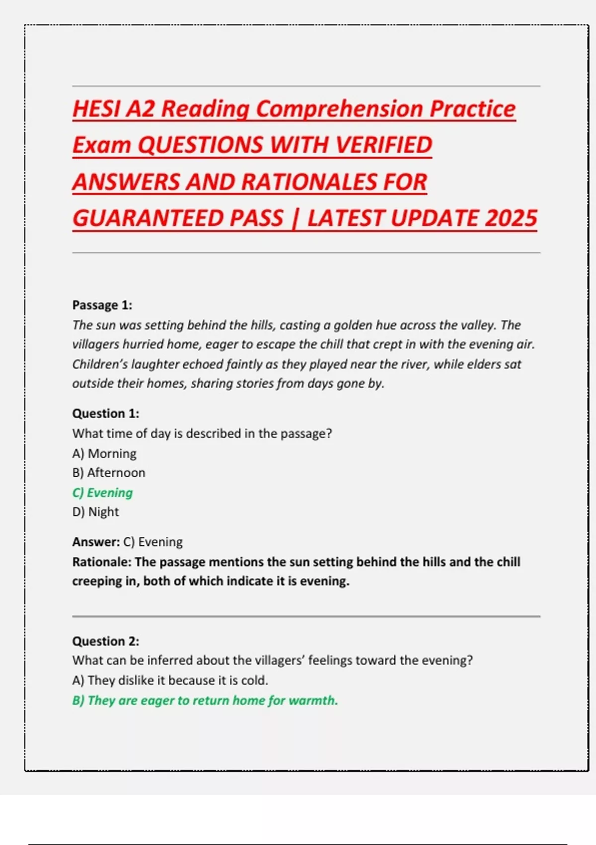 HESI A2 Reading Comprehension Practice Exam QUESTIONS WITH VERIFIED ...
