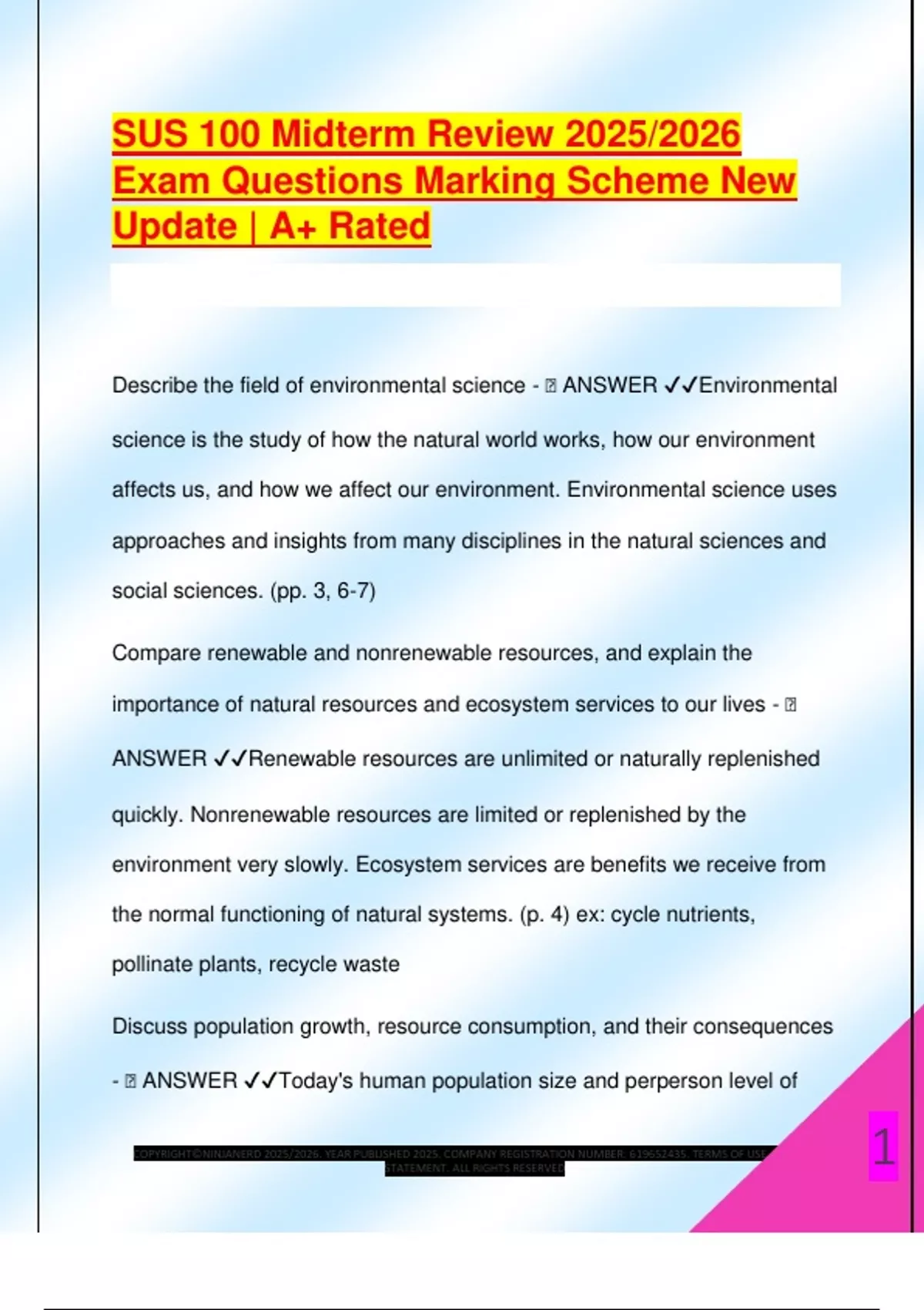 SUS 100 Midterm Review 2025/2026 Exam Questions Marking Scheme New ...